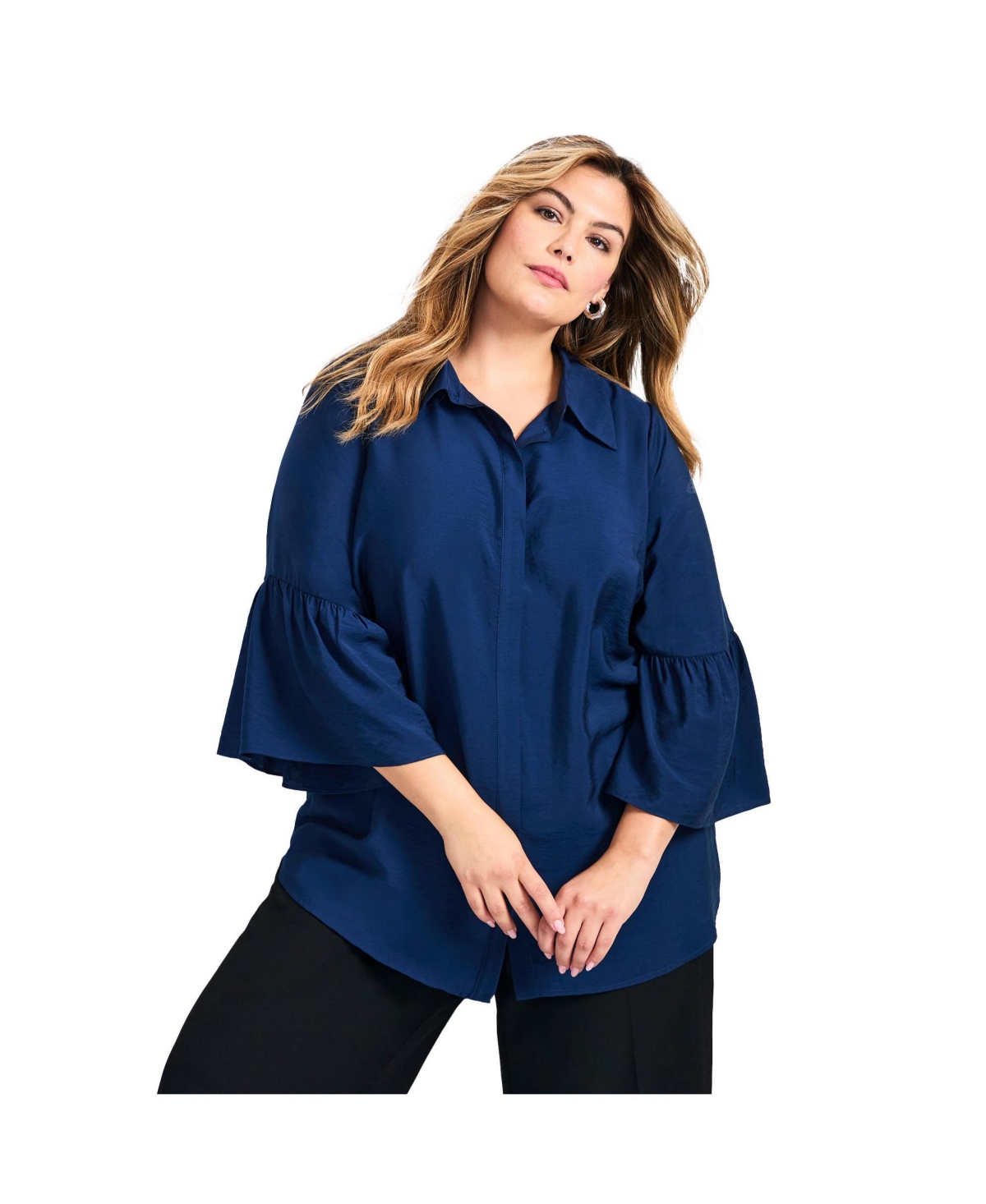 Click here for Avenue Womens Sonia Bell Sleeve Shirt - Navy prices