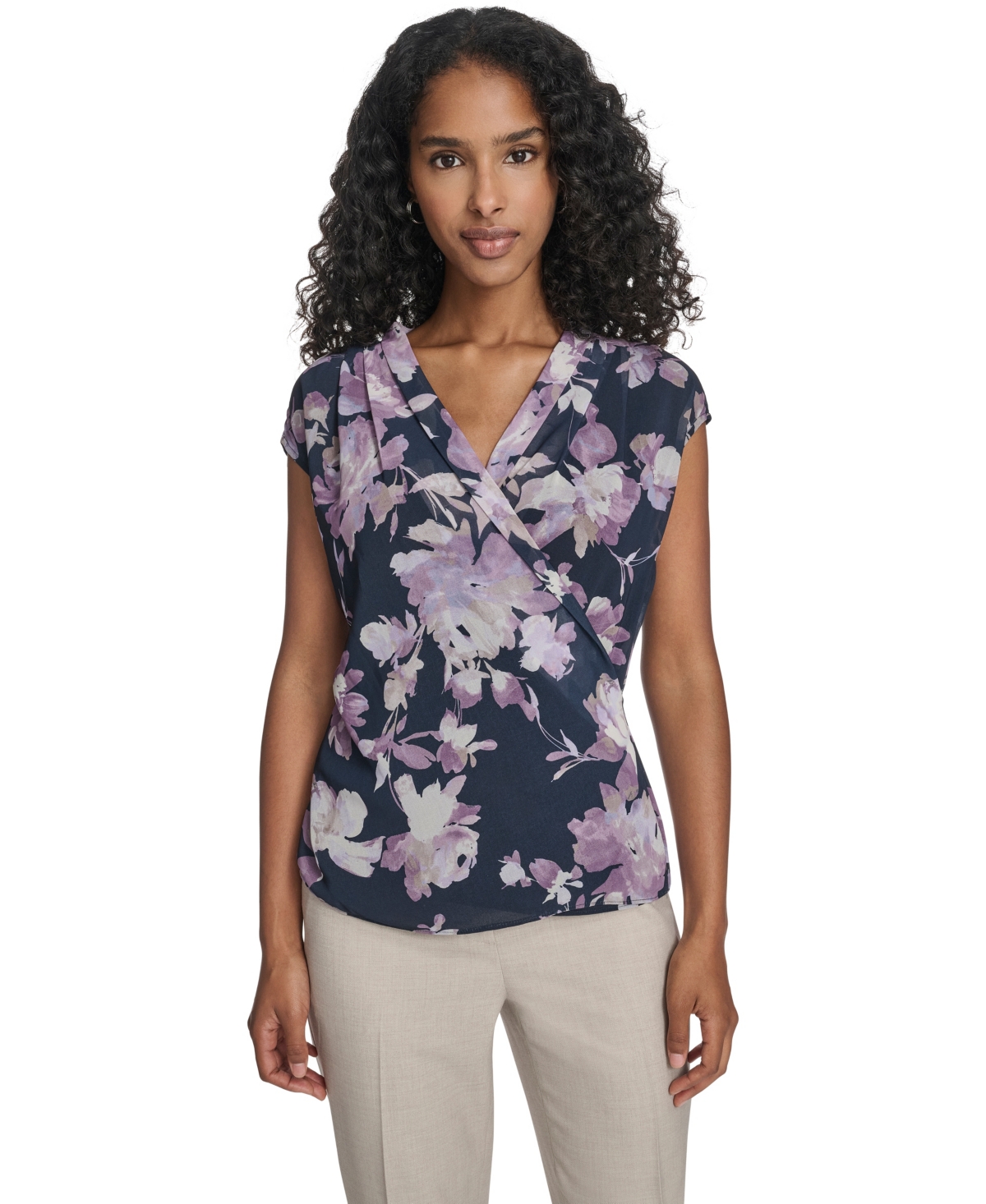 Click here for Calvin Klein Petite Printed V-Neck Blouse - Oyster... prices
