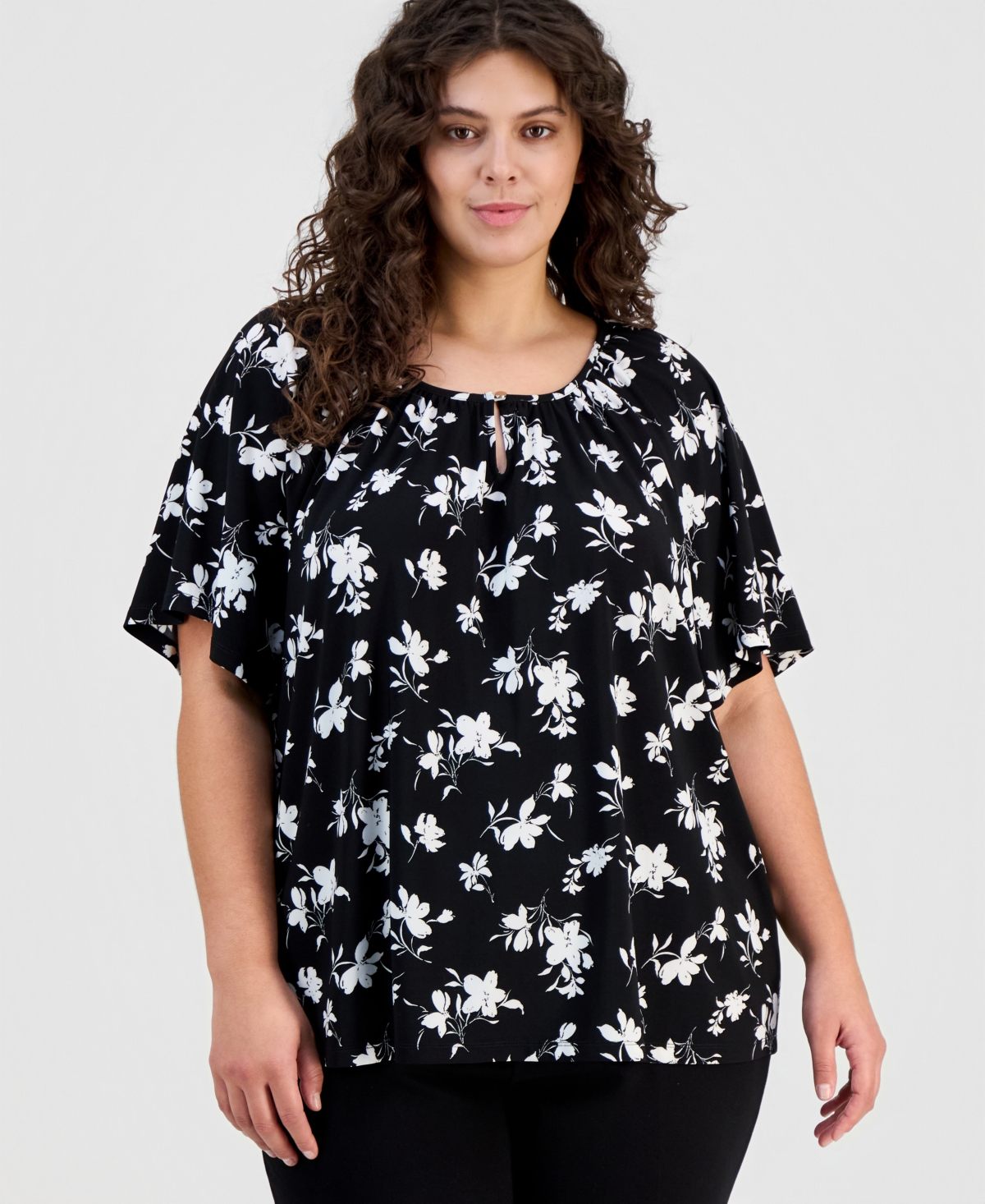 Ak Anne Klein Plus Size Printed Short Sleeve Blouse - Anne Black/White Dove