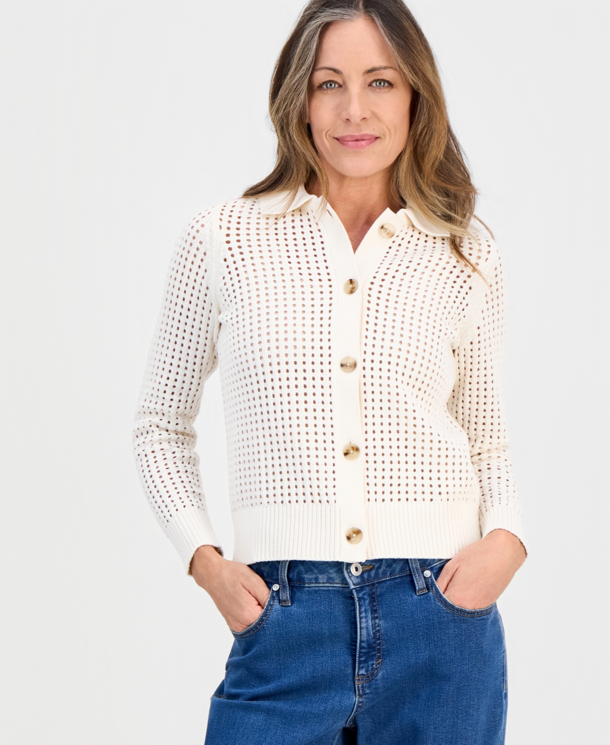 Click here for Style & Co Petite Open-Stitch Button-Front Cotton... prices