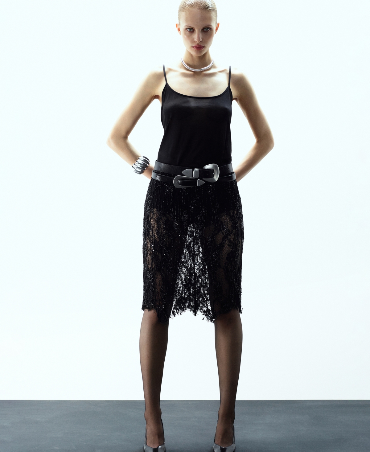 Click here for Mango Womens Beaded Lace Skirt - Black prices