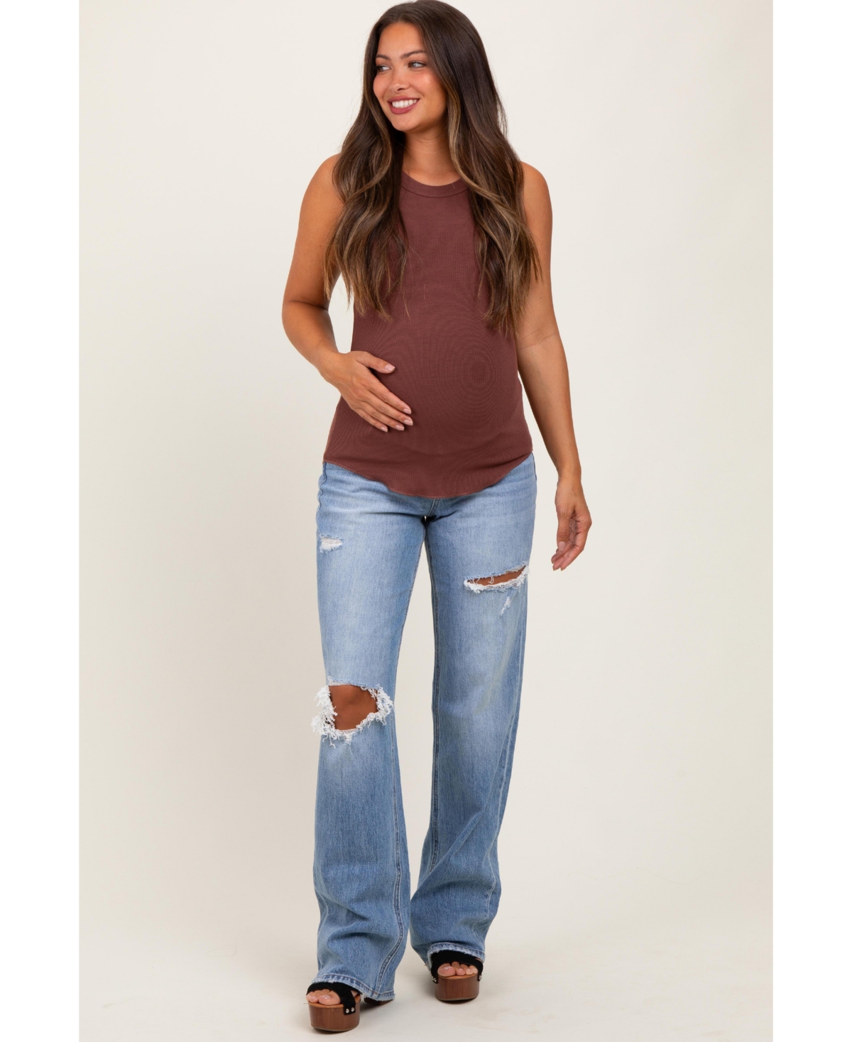 Click here for Pinkblush Maternity Light Blue Distressed Open Kne... prices