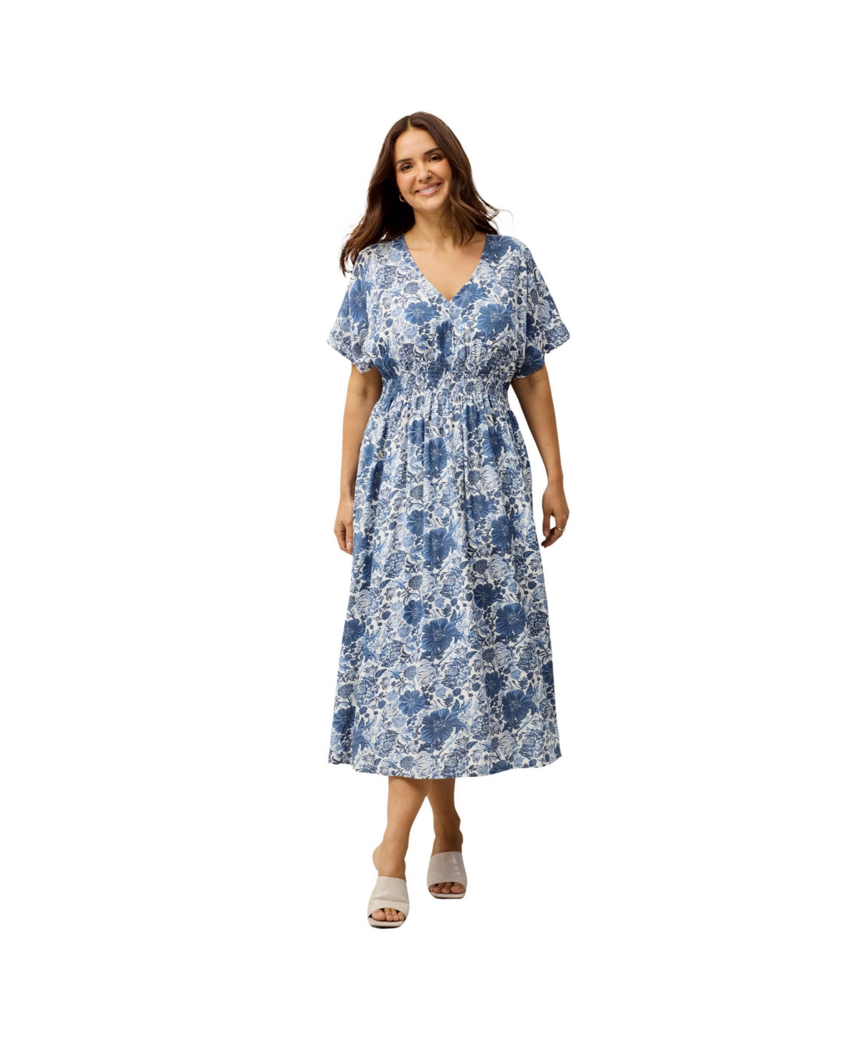 Click here for ellos Womens Plus Size V-Neck Elastic Waist Midi D... prices