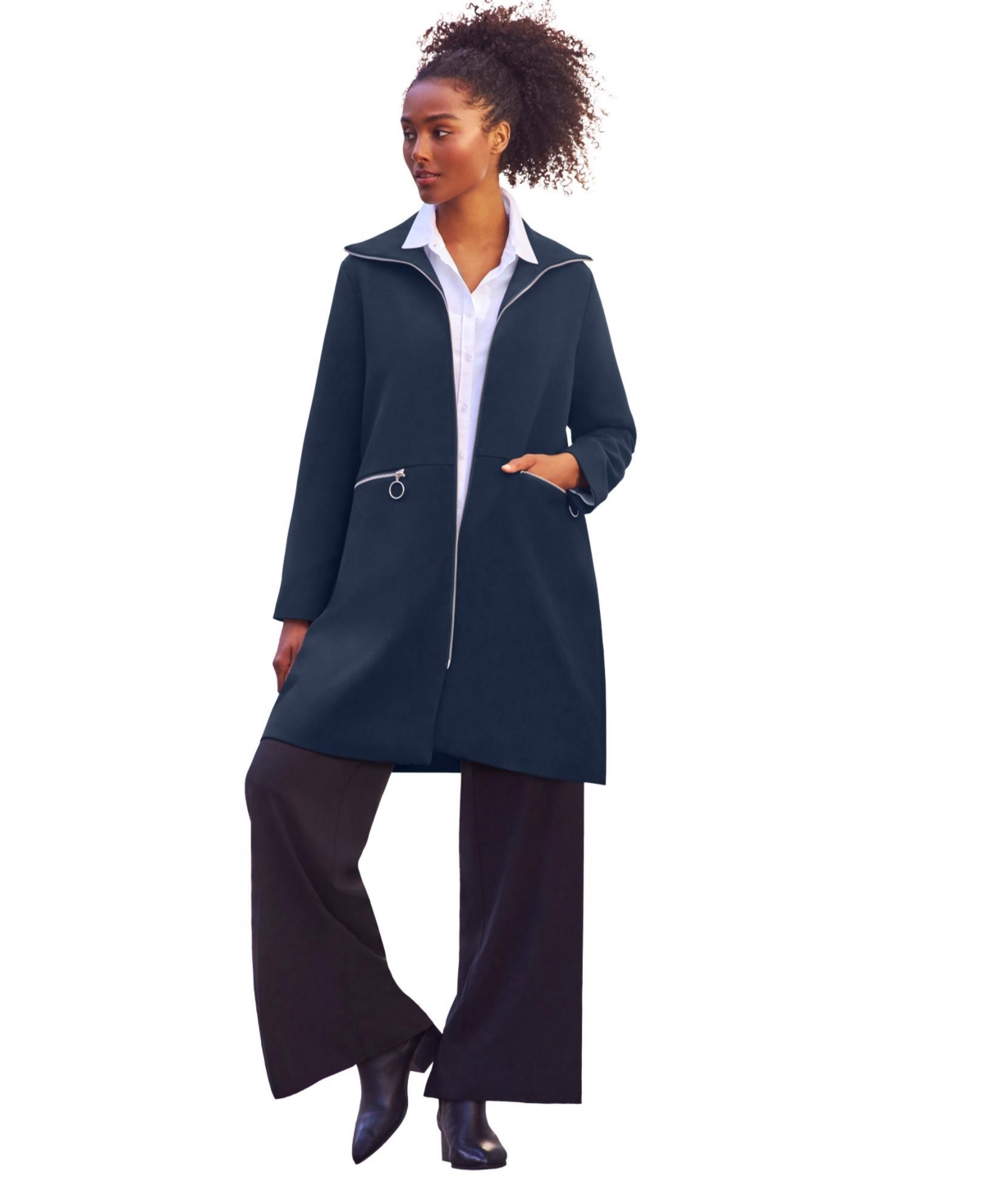 Click here for ellos Womens Zip-Front A-Line Coat With Back Inver... prices
