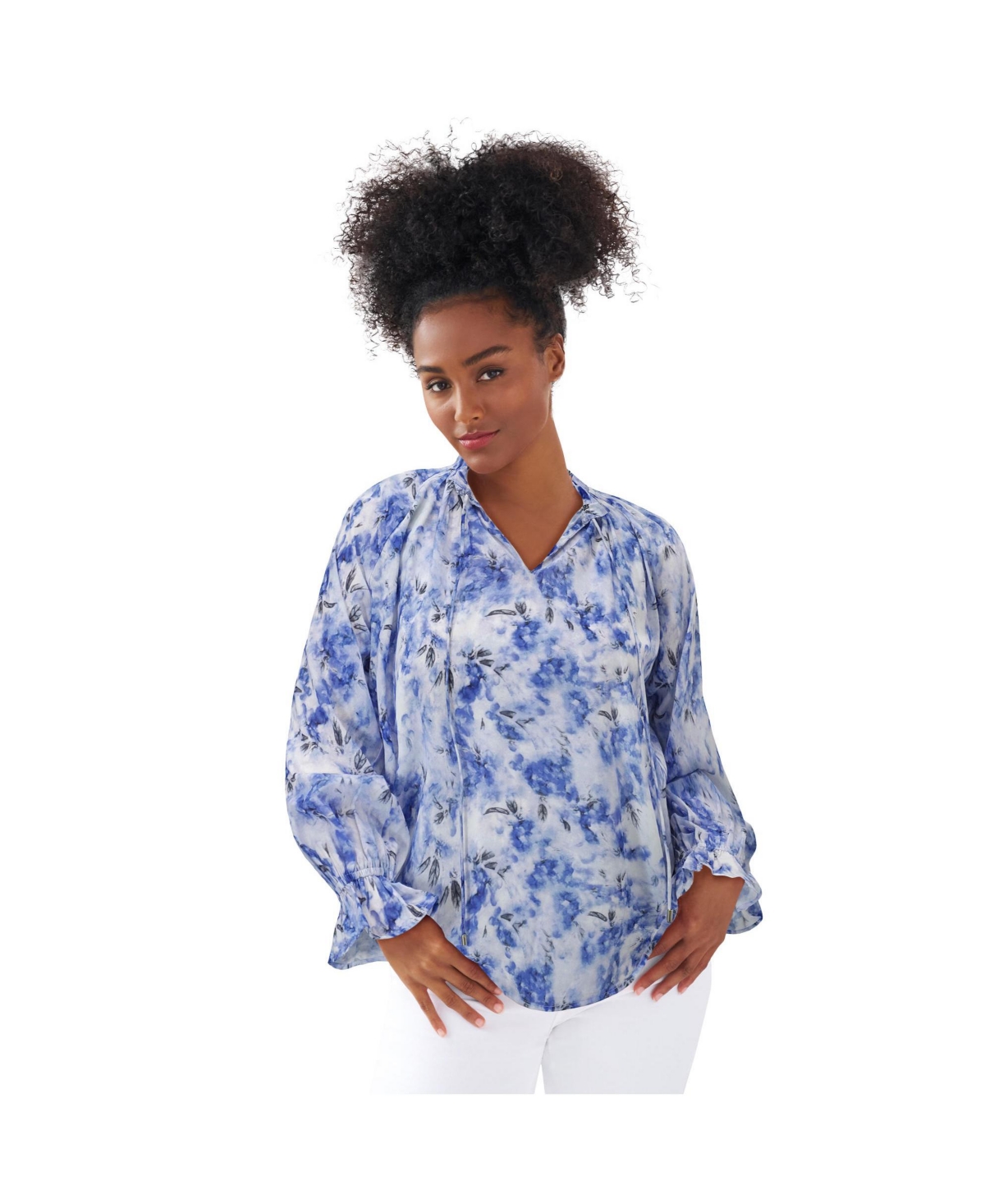 Click here for ellos Womens Keyhole Ruffle Trim Blouse - Blueberr... prices