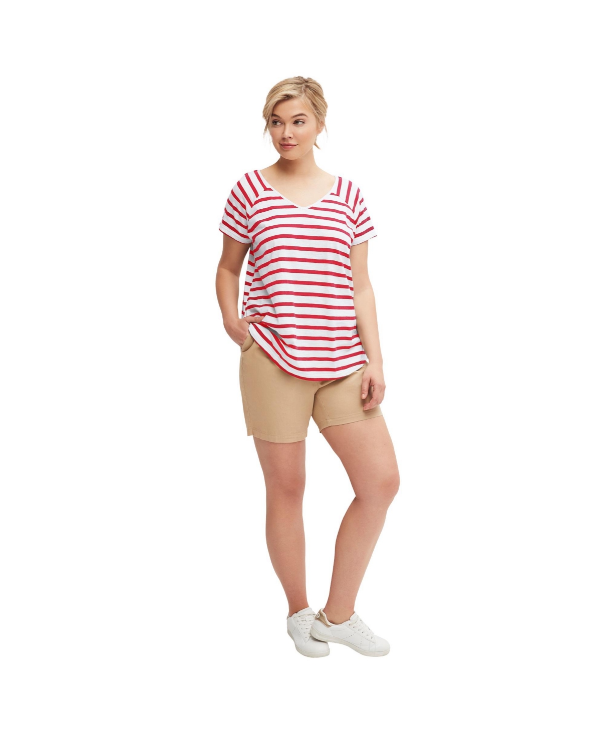 Click here for ellos Plus Size Rounded V-Neck Tee - Chili red whi... prices