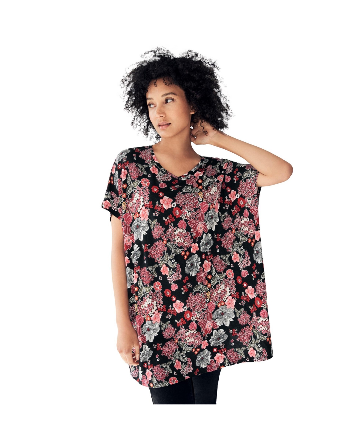 Click here for ellos Plus Size Oversized Tunic - Black floral pri... prices