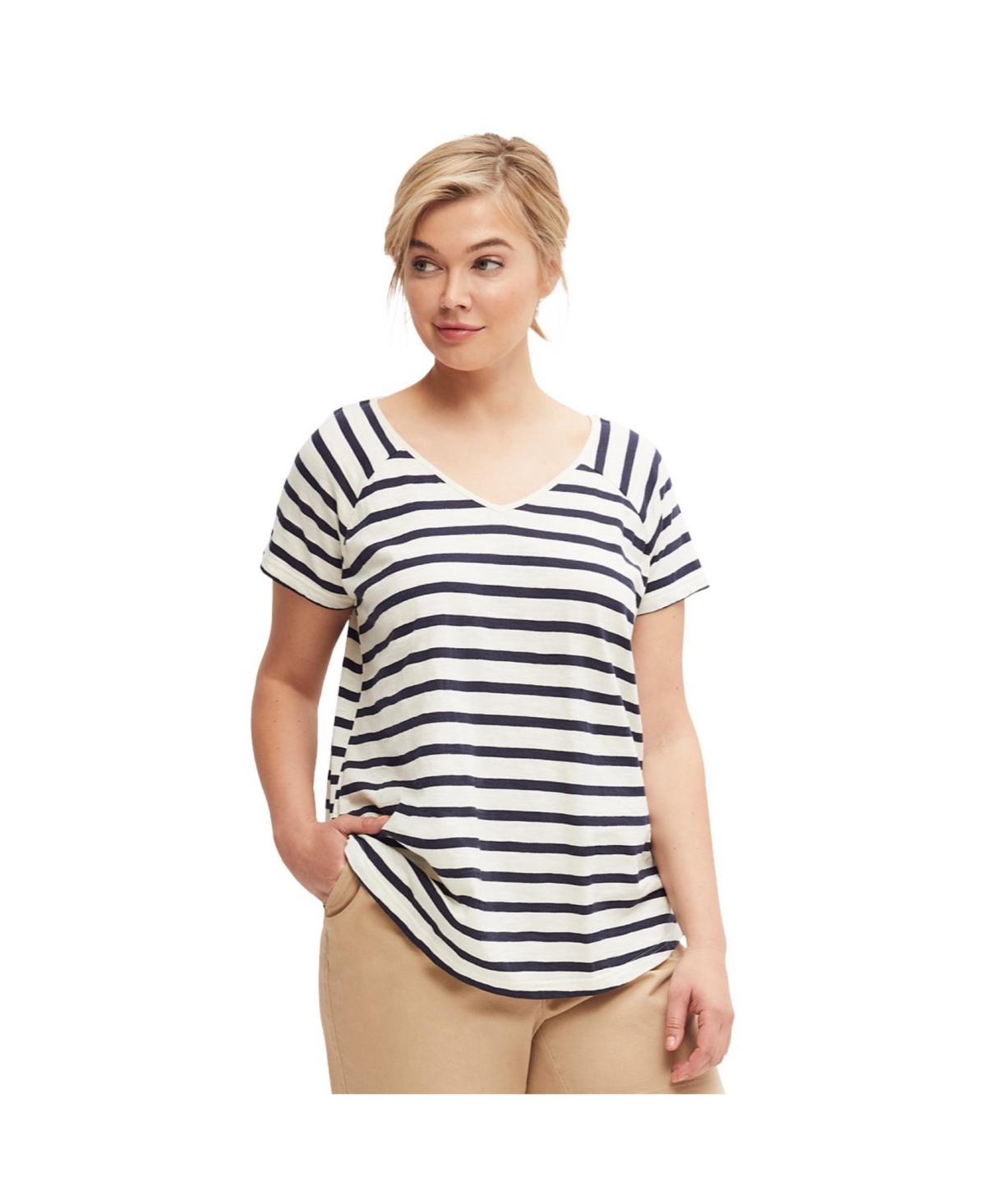 Click here for ellos Plus Size Rounded V-Neck Tee - Ivory navy st... prices