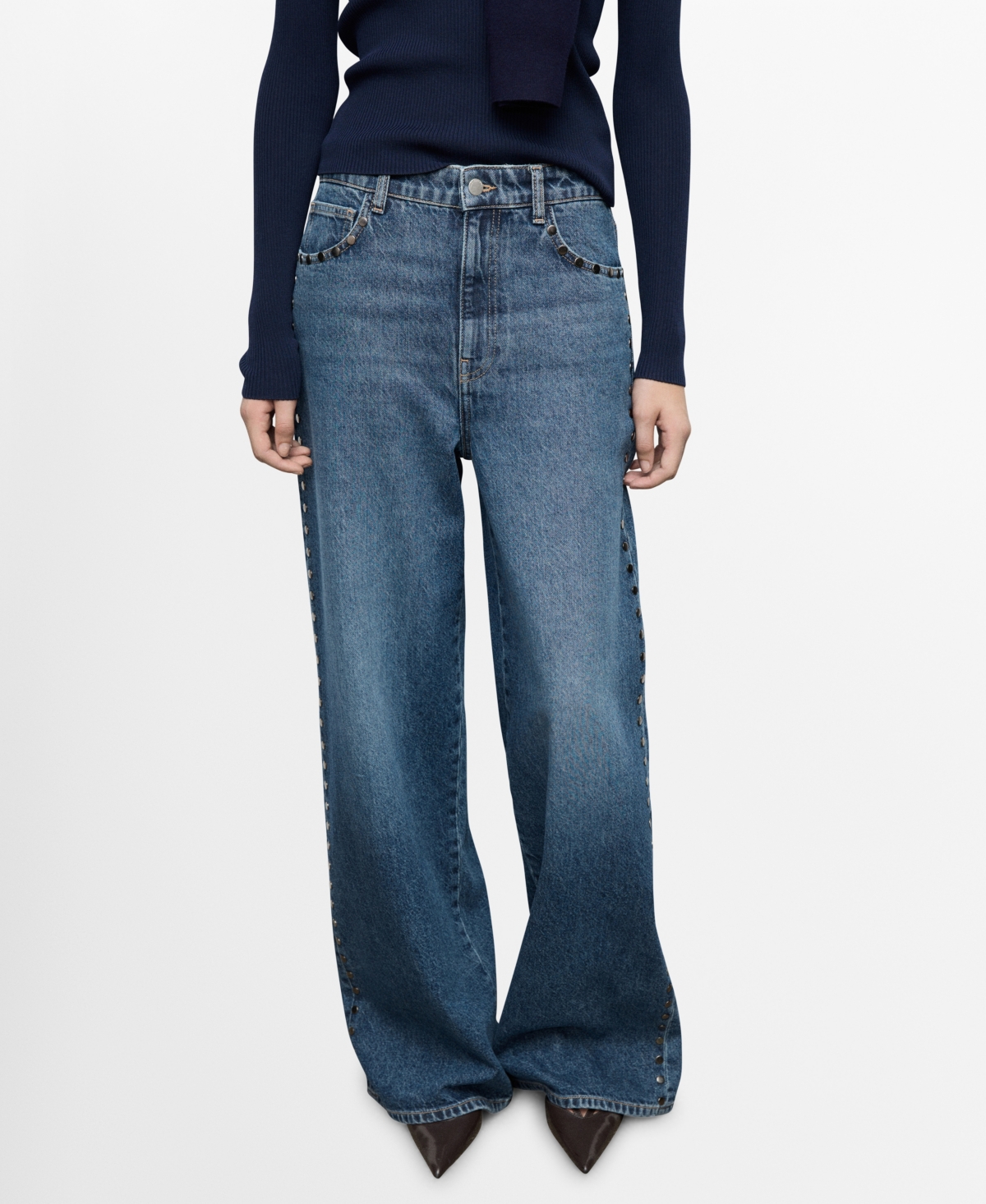 Click here for Mango Womens Wide-Leg Studded Jeans - Dark Blue prices