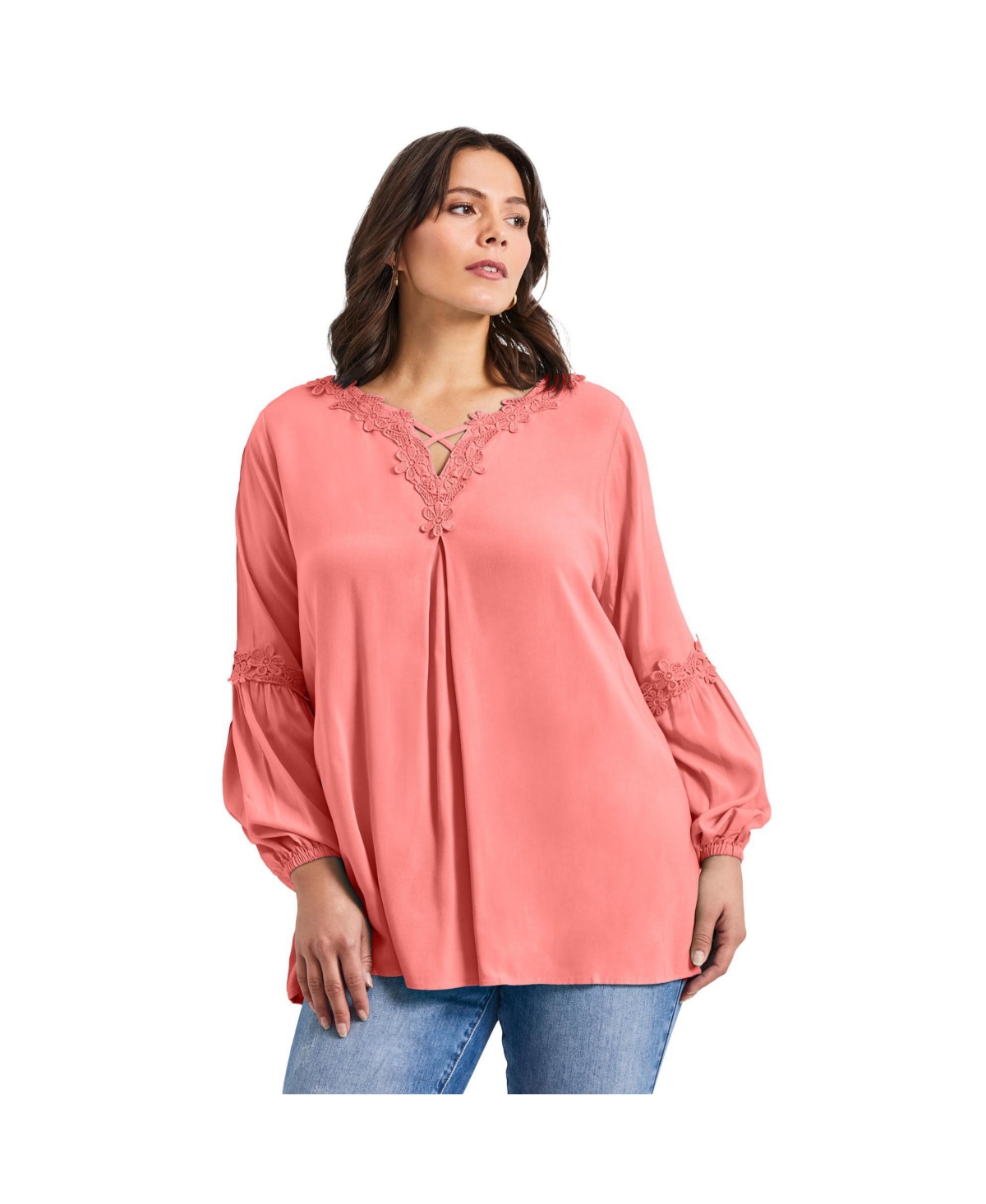 Click here for Avenue Womens Crochet Lace Trim Top - Sweet coral prices