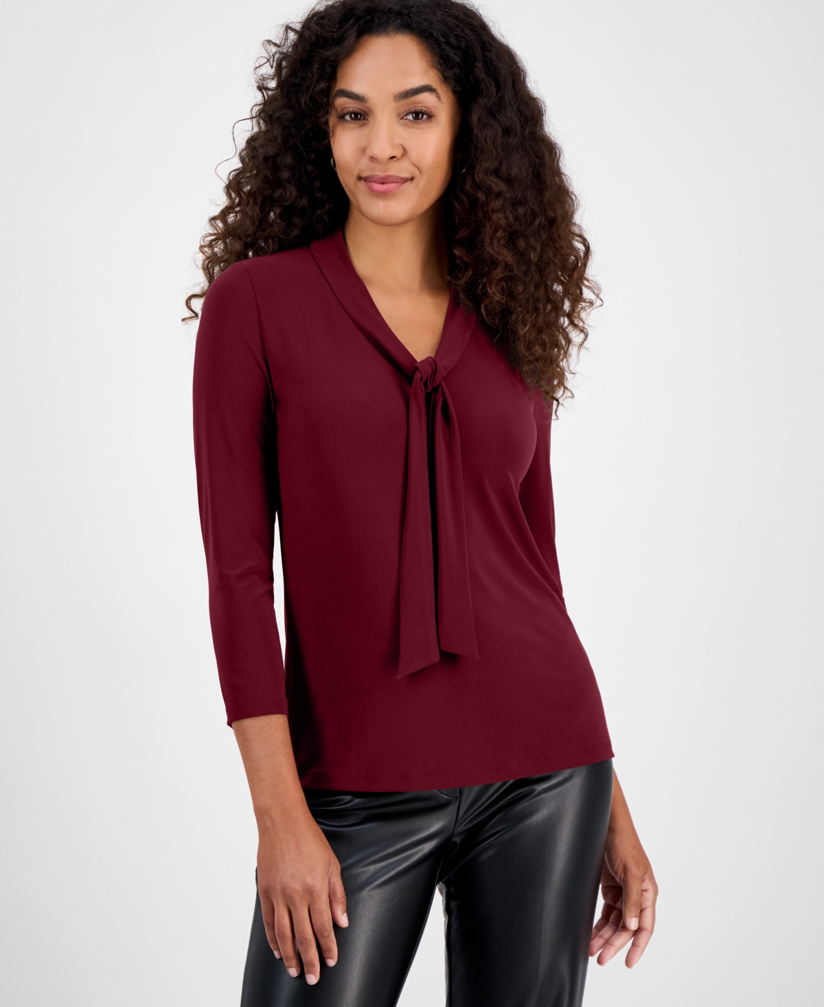 Click here for Kasper Womens Tie-Neck 3/4-Sleeve Top - Shiraz prices