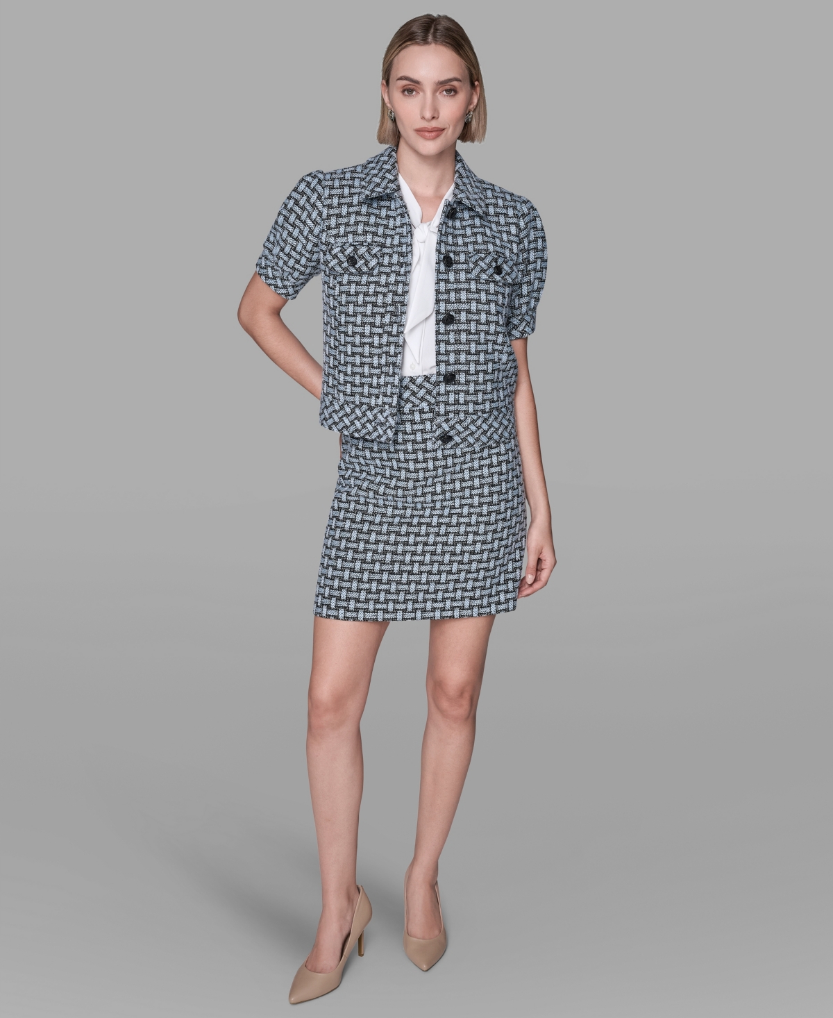 Click here for Karl Lagerfeld Paris Womens Cropped Weave Print Sh... prices