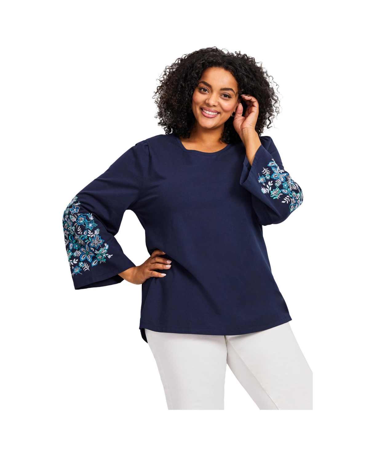 Click here for Avenue Womens Novelty Bell Sleeve Top - Navy flora prices