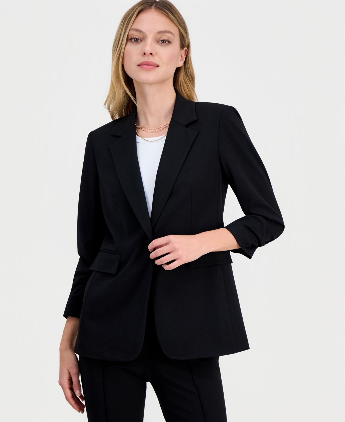 Bar Iii Womens Crepe One-Button Scrunched-Sleeve Jacket  Macys Exclusive - Black