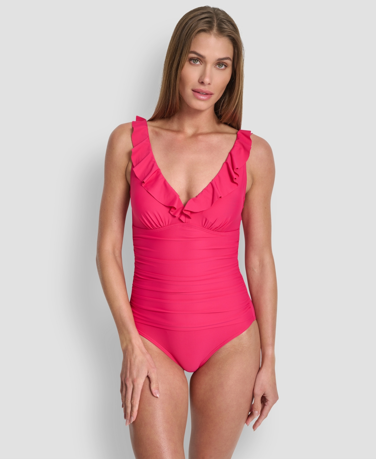 Click here for Dkny Ruffle Plunge Underwire Tummy Control One-Pie... prices