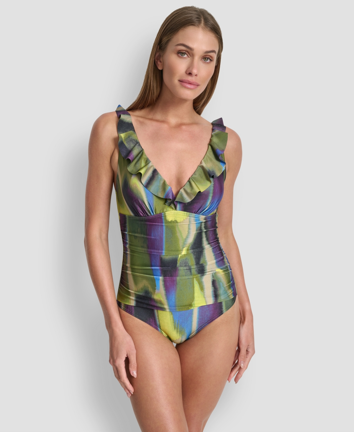 Click here for Dkny Ruffle Plunge Underwire Tummy Control One-Pie... prices