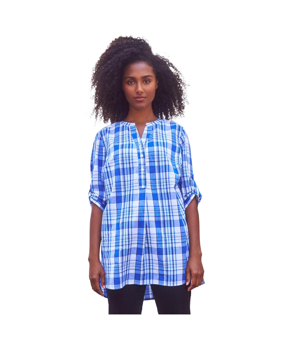 Click here for ellos Womens Breezy Cotton Henley Tunic - Blue pla... prices