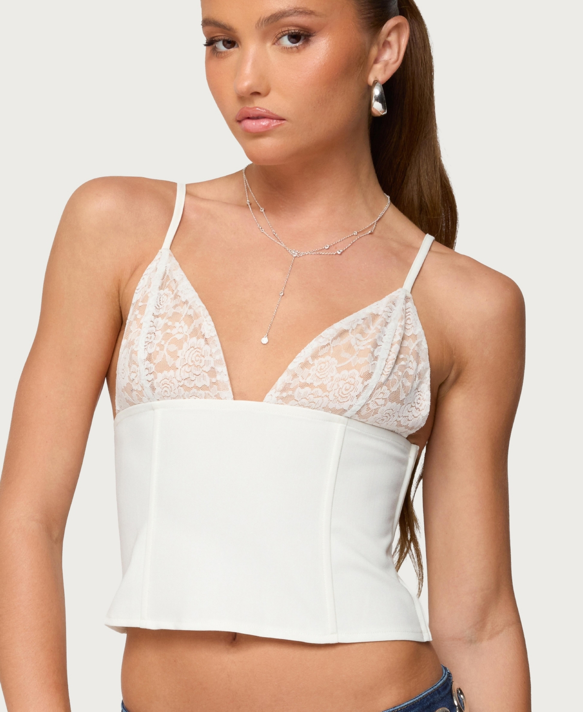 Click here for Edikted Womens Keesha Lacey Boned V Neck Top - Whi... prices