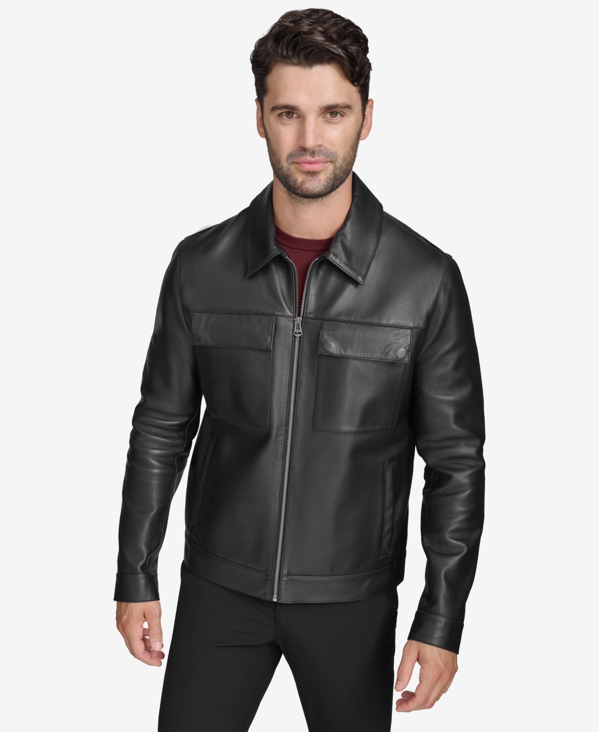 Click here for Cole Haan Mens Bonded Leather Trucker Jacket - Bla... prices