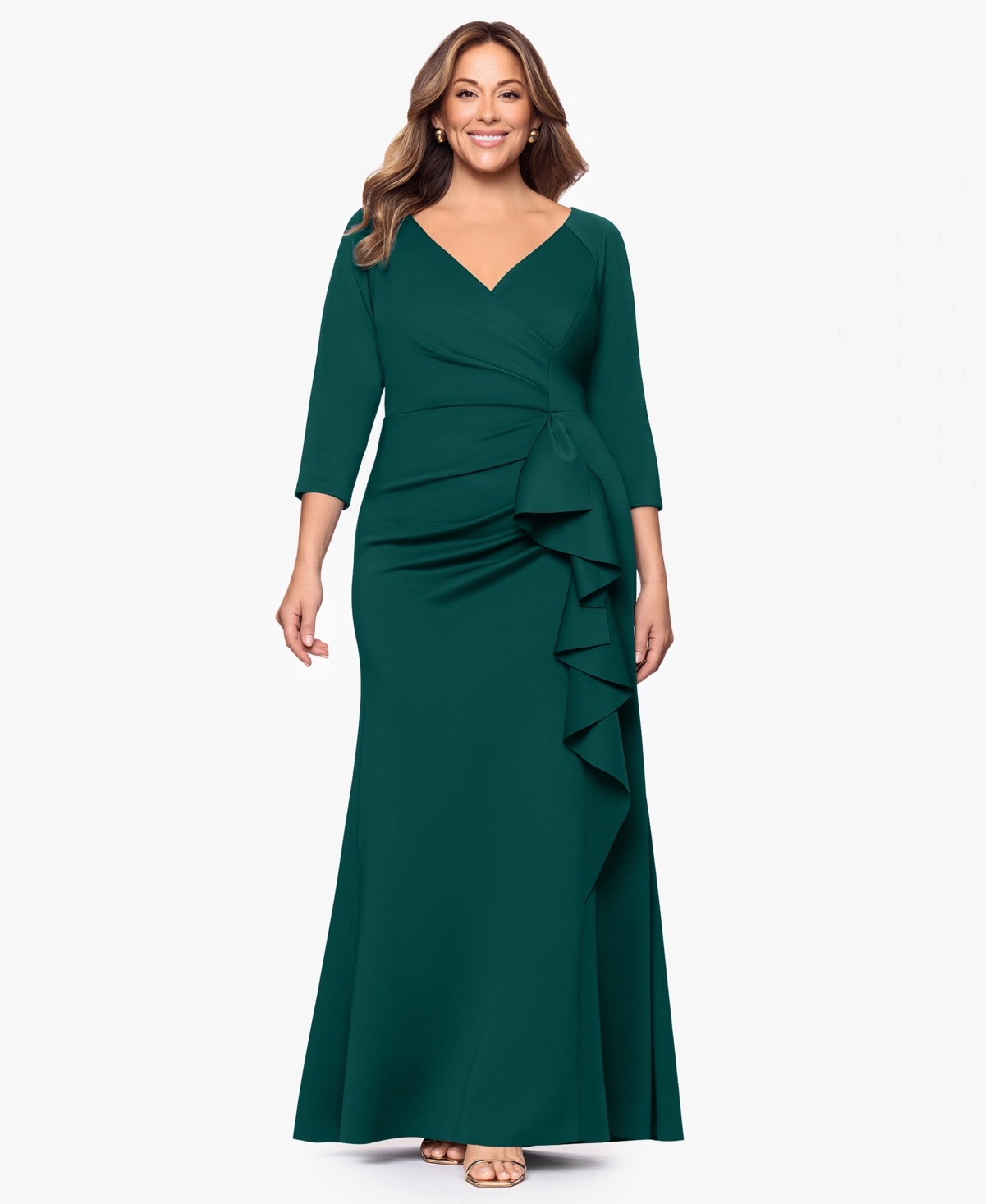 Click here for Xscape Plus Size V-Neck 3/4-Sleeve Dress - Hunter prices