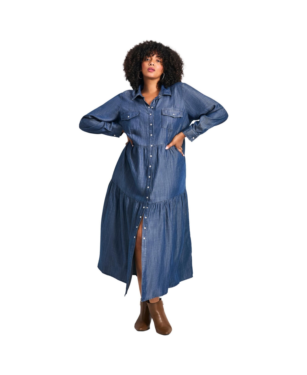 Click here for Avenue Womens Plus Size Denim Tiered Shirtdress -... prices
