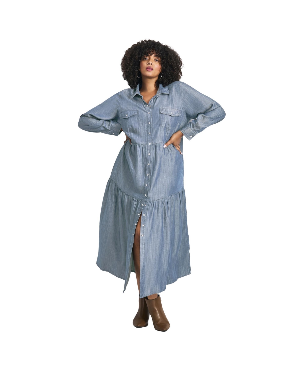 Click here for Avenue Womens Plus Size Denim Tiered Shirtdress -... prices