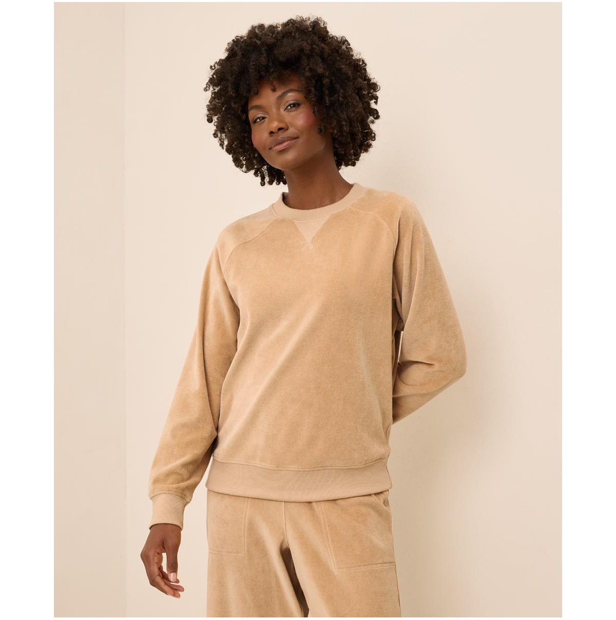 Click here for Pact Womens Cotton Velour Crew Pullover - Sesame prices