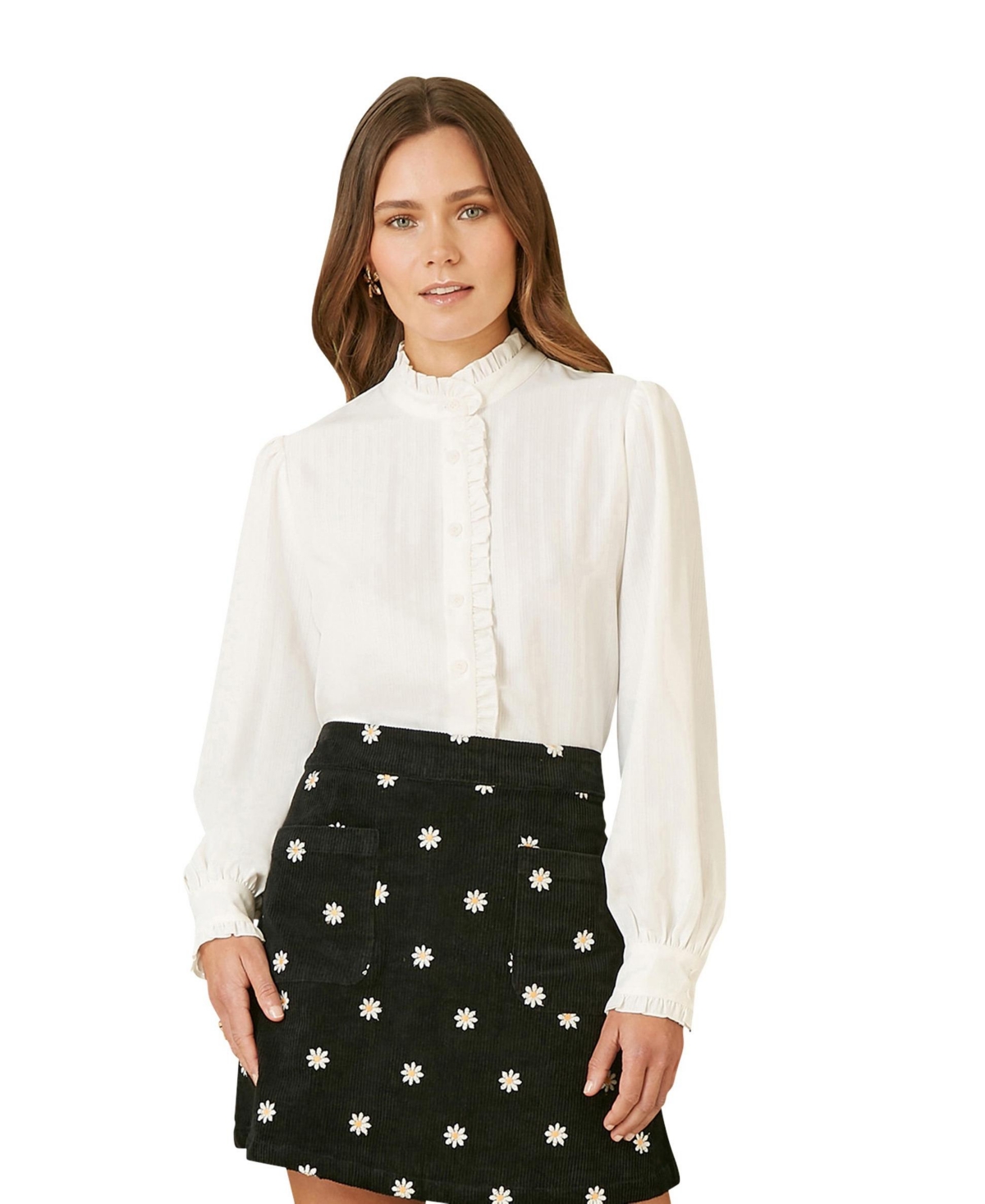 Click here for Yumi Womens High Neck Frill Shirt - White prices
