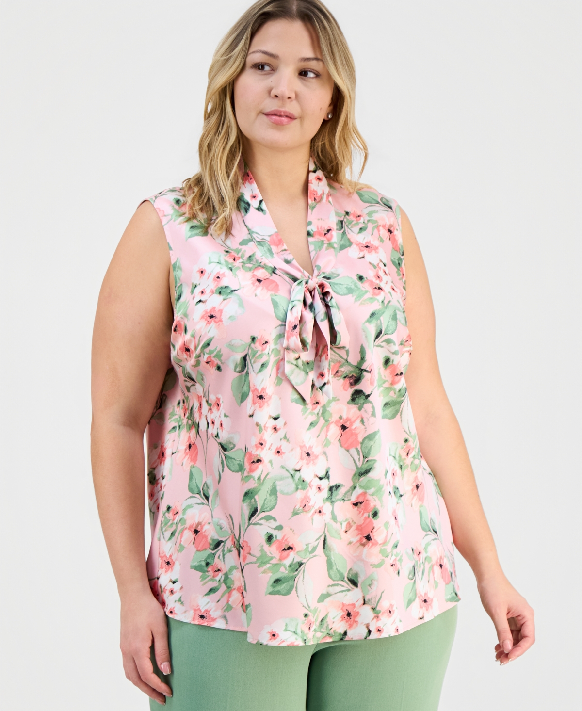 Click here for Kasper Plus Size Floral-Print Tie-Neck Sleeveless... prices