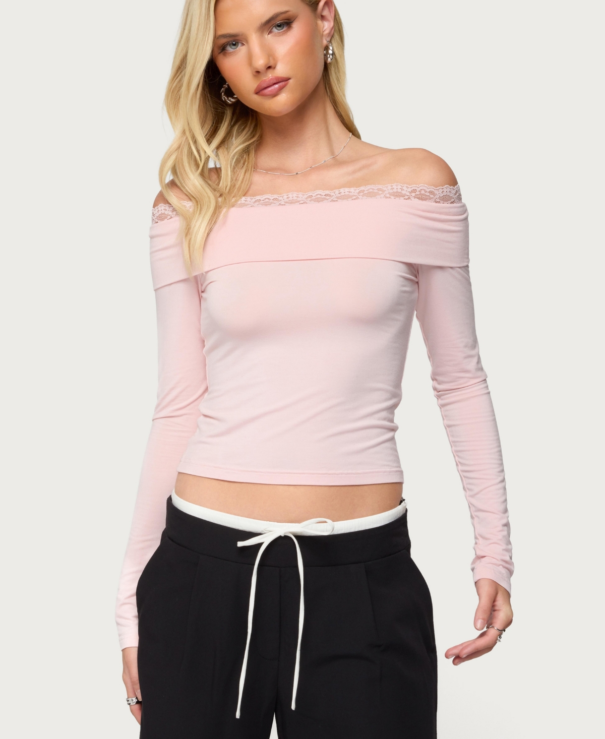 Click here for Edikted Womens Janus Lacey Fold Over Top - Pink prices
