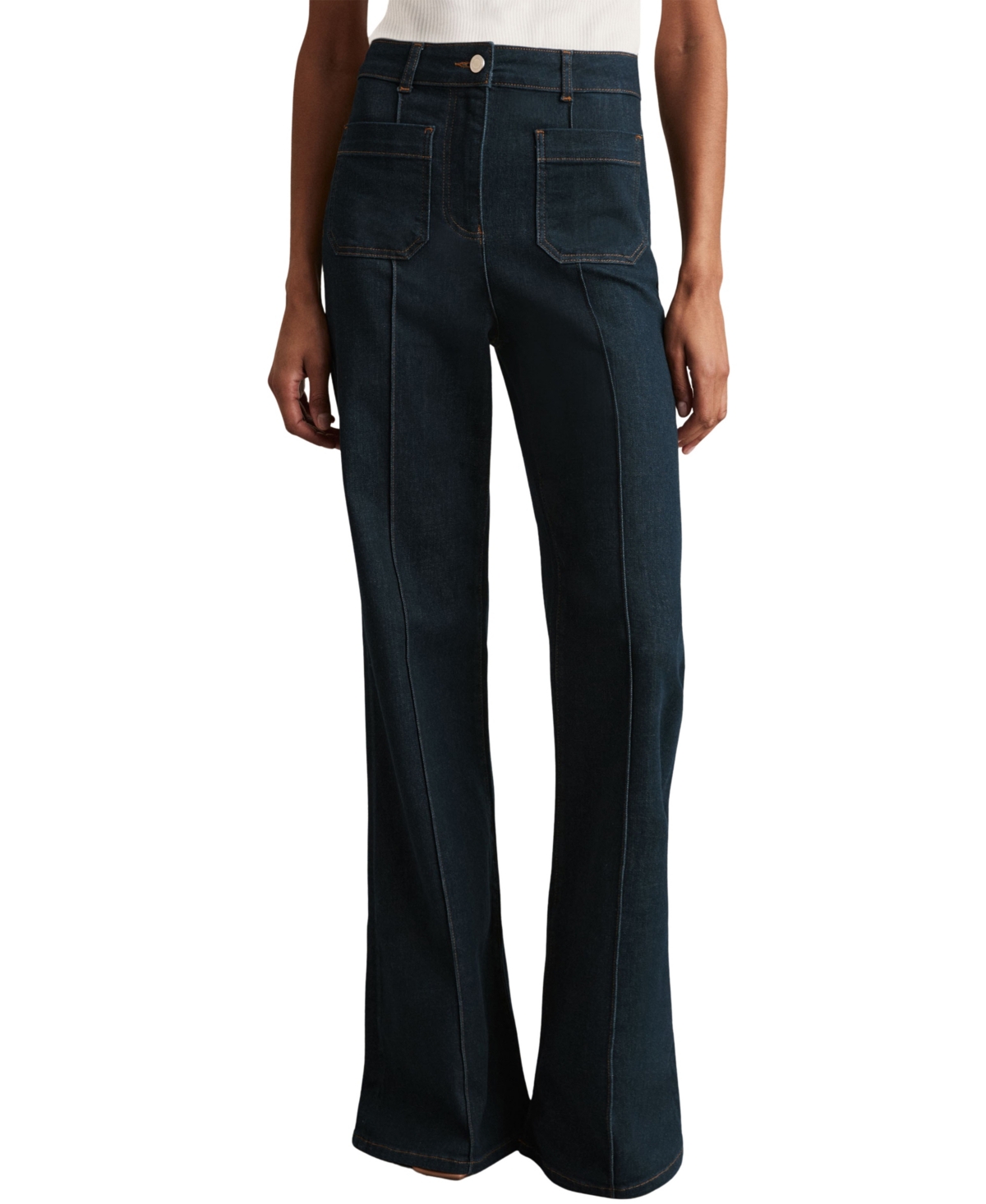 Click here for Reiss Womens Patch-Pocket Flared Jeans - Dark Blue prices
