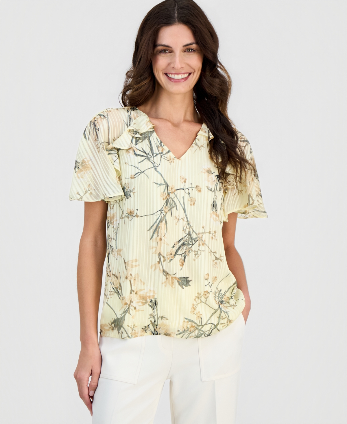 Click here for Anne Klein Womens Printed V-Neck Ruffle-Trim Top -... prices