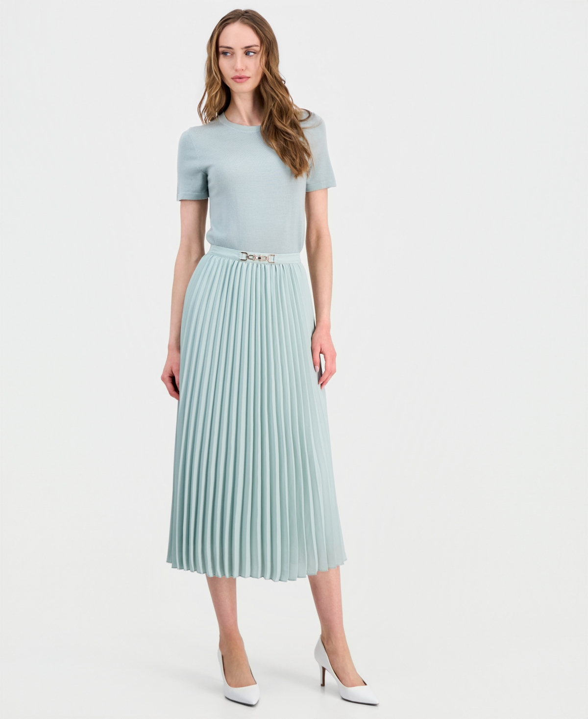 Click here for Anne Klein Womens Pleated Pull-On Belted Midi Skir... prices