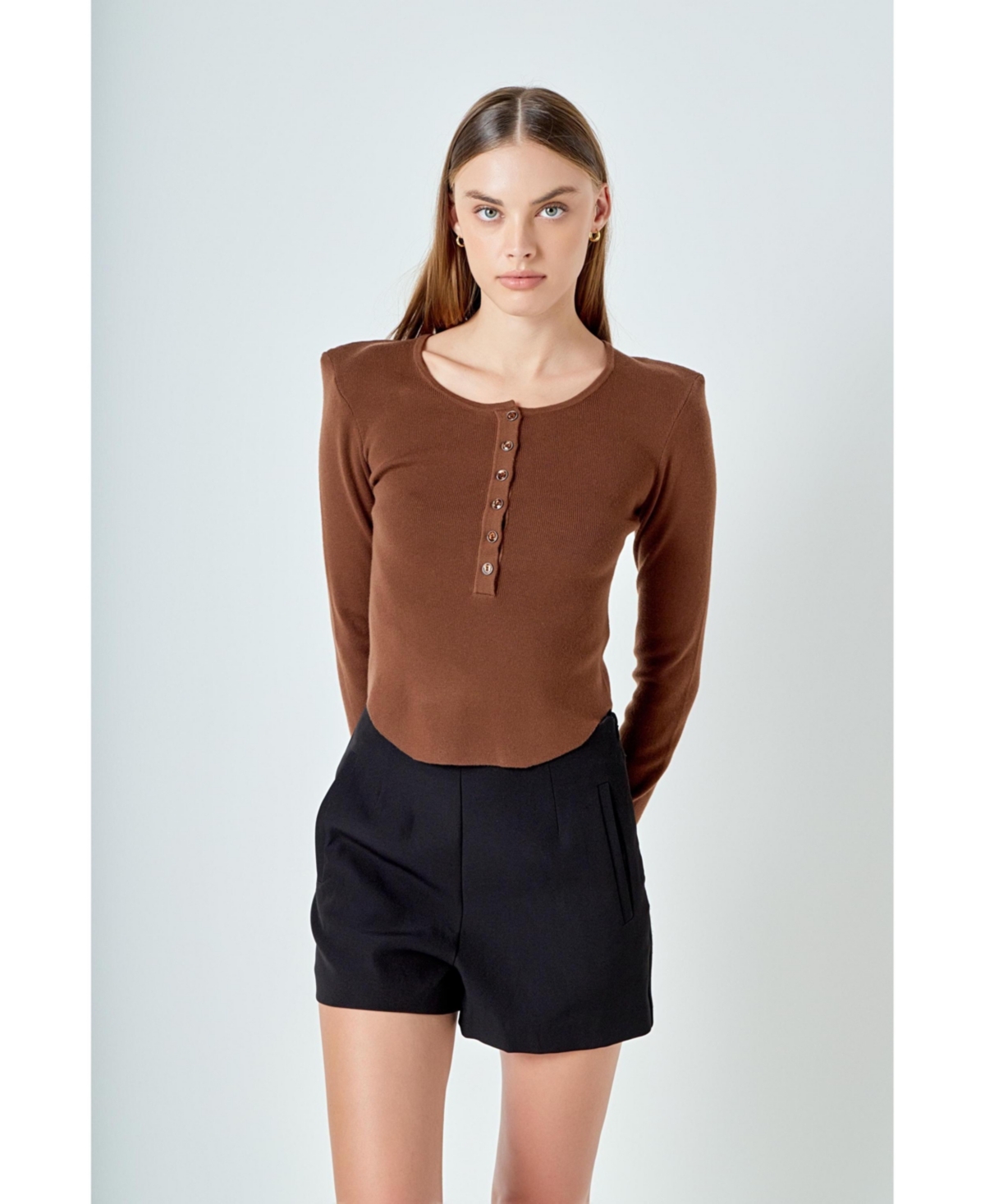 Click here for endless rose Womens Shoulder Pad Knit Top - Brown prices