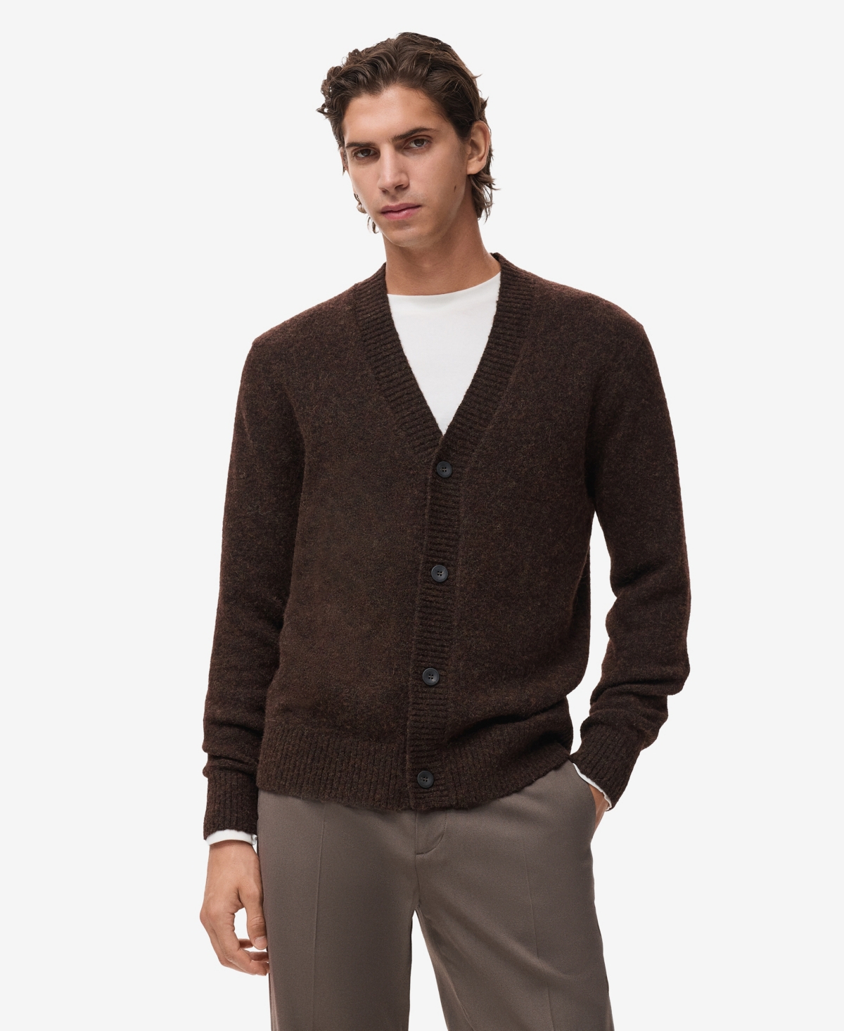 Click here for Mango Mens Knitted Wool Blend Cardigan - Brown prices