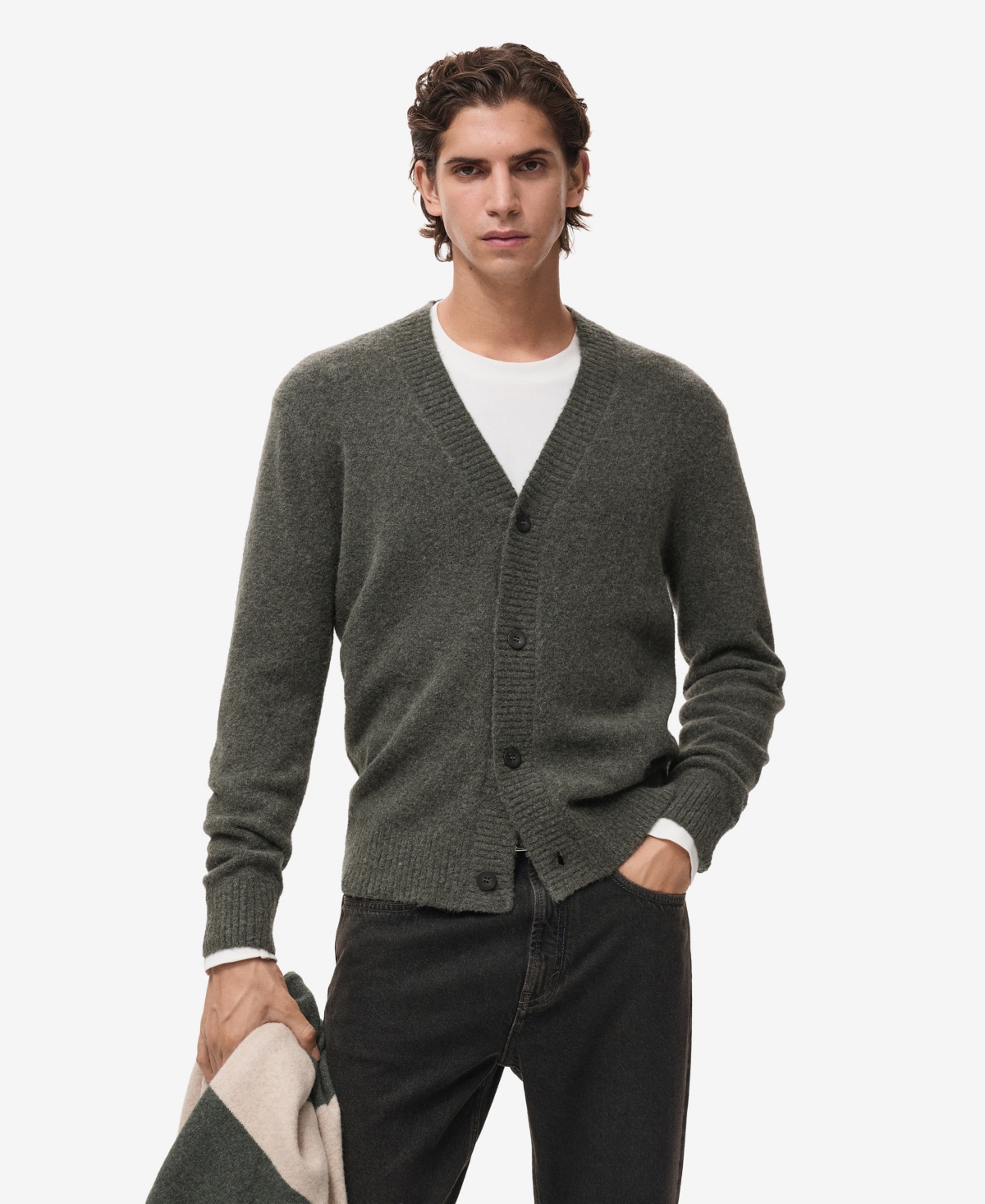 Click here for Mango Mens Knitted Wool Blend Cardigan - Dark Gree... prices