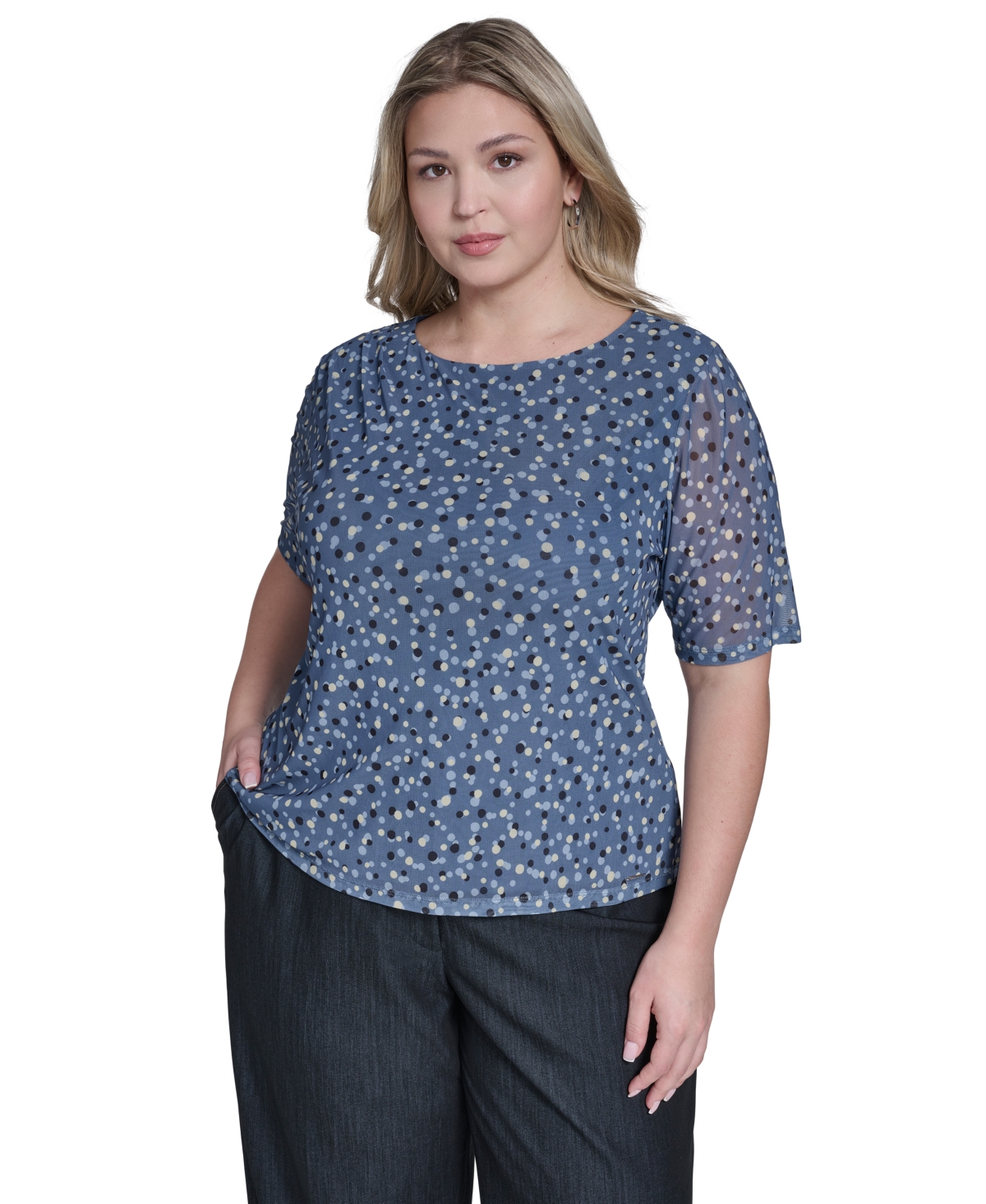 Click here for Calvin Klein Plus Size Printed Gathered Shoulder T... prices