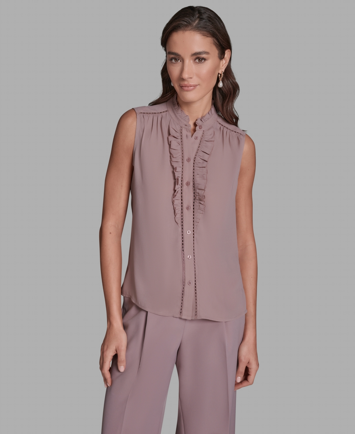 Click here for Bcbg Womens Sleeveless Button Front Ruffle Top - S... prices