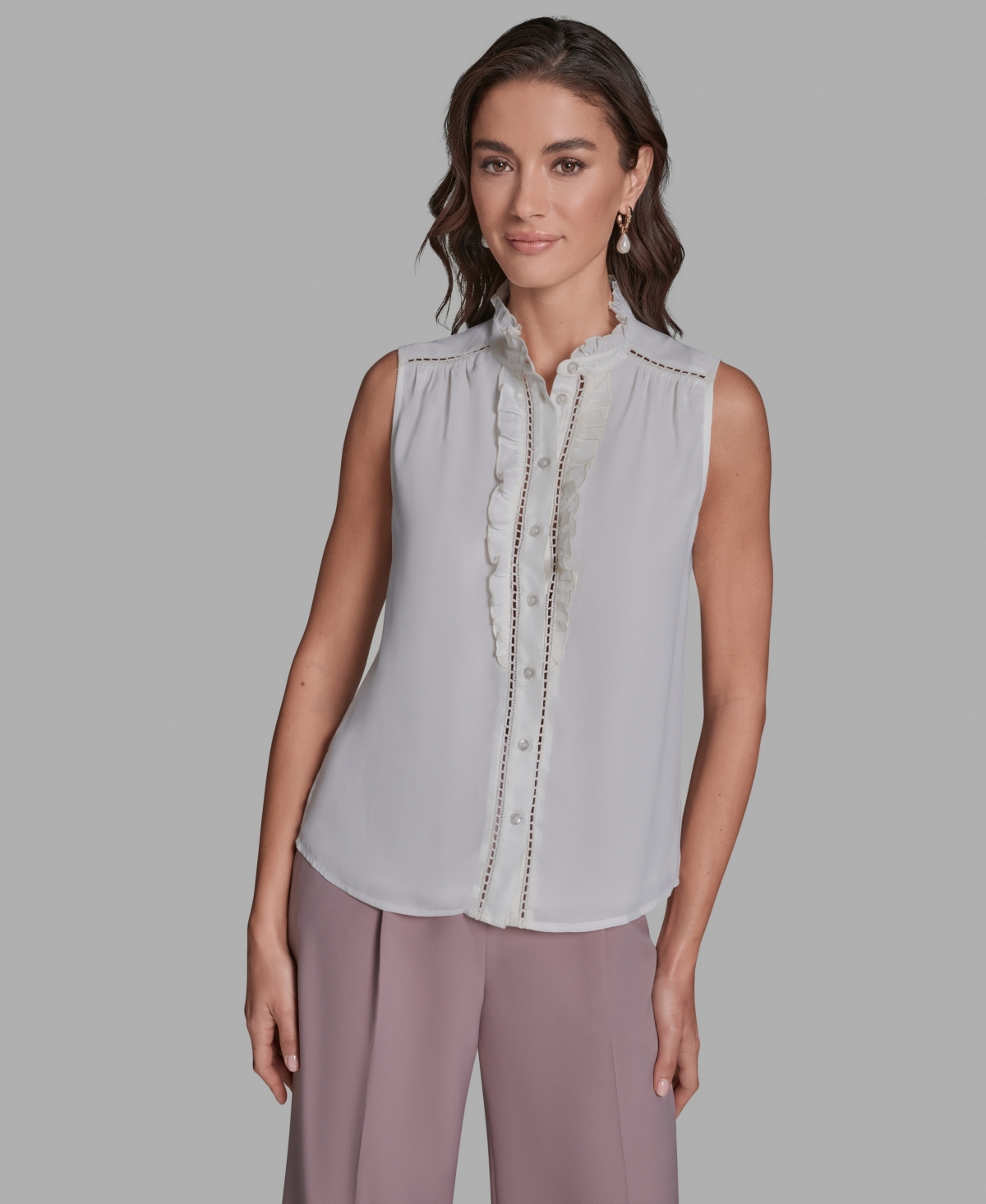 Click here for Bcbg Womens Sleeveless Button Front Ruffle Top - W... prices