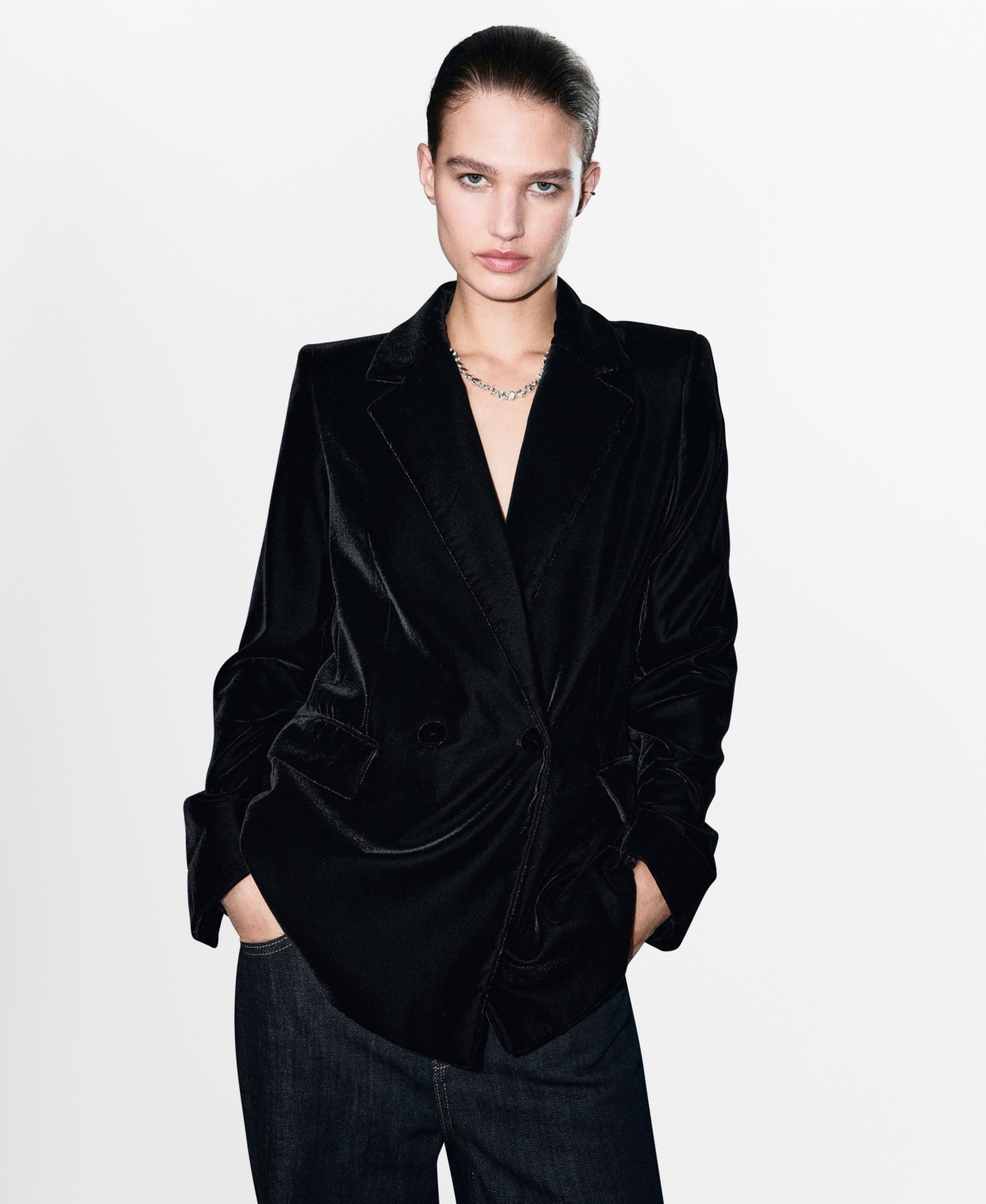 Click here for Mango Womens Double-Breasted Velvet Jacket - Black prices