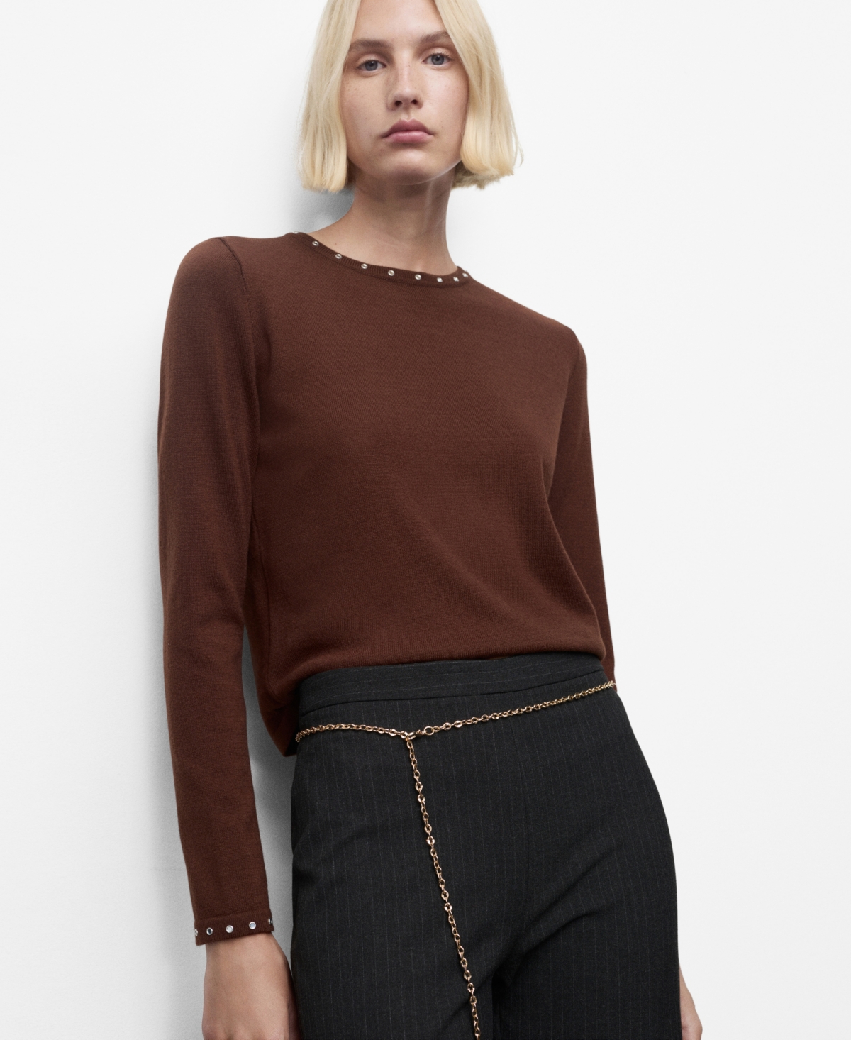 Click here for Mango Womens Studded Knitted Sweater - Brown prices