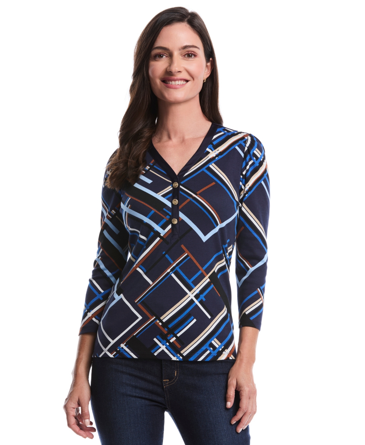 Click here for Rafaella Petite Tossed Stripe Print 3/4 Puff Sleev... prices
