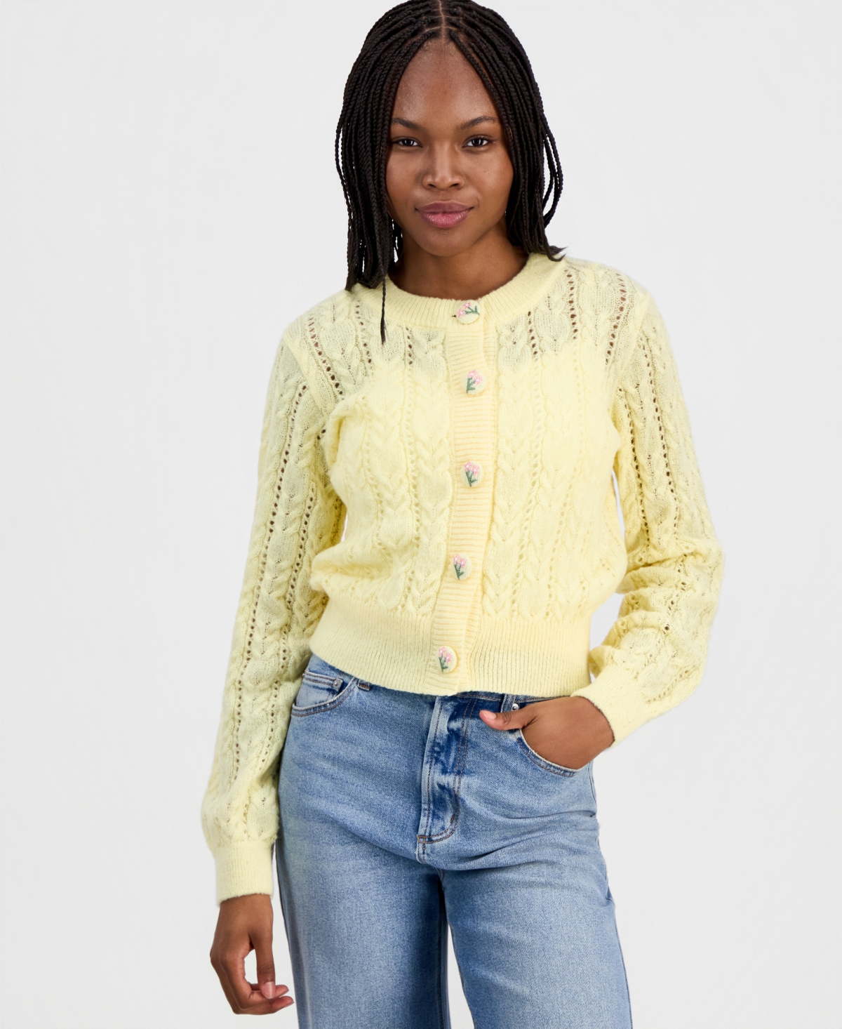 Click here for Freshman Juniors Embroidered-Button Cable-Knit Car... prices