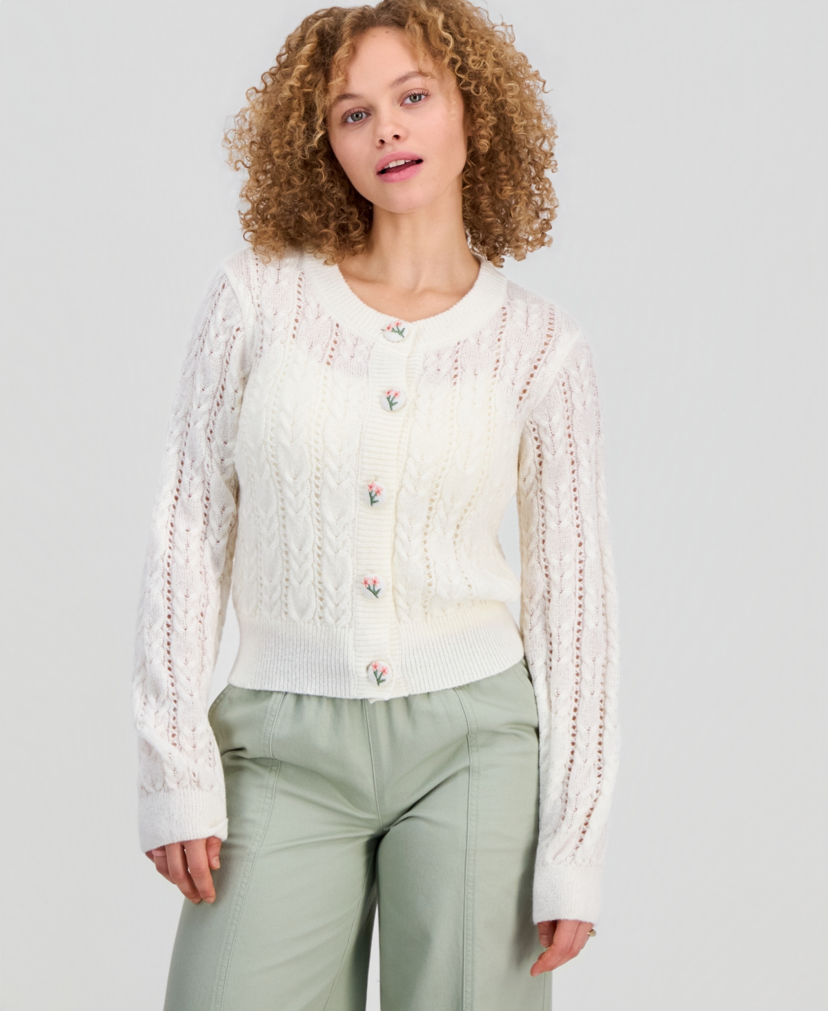 Click here for Freshman Juniors Embroidered-Button Cable-Knit Car... prices