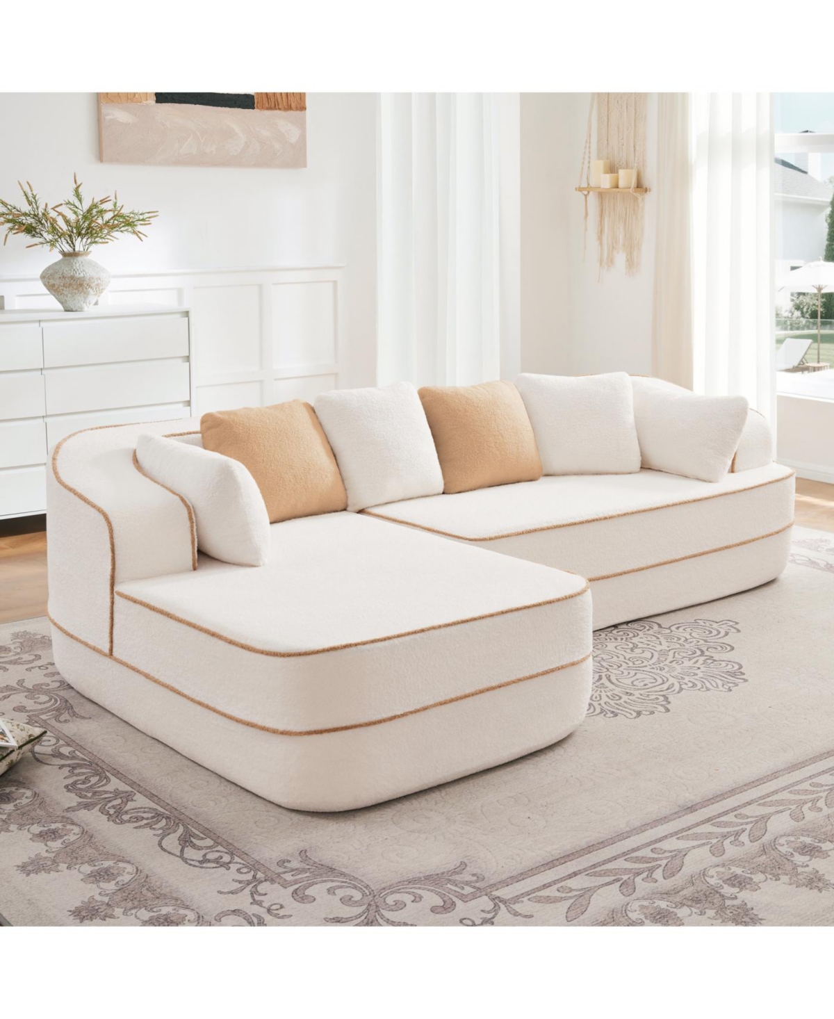 Click here for Streamdale White L-Shaped Teddy Fabric Sofa with C... prices