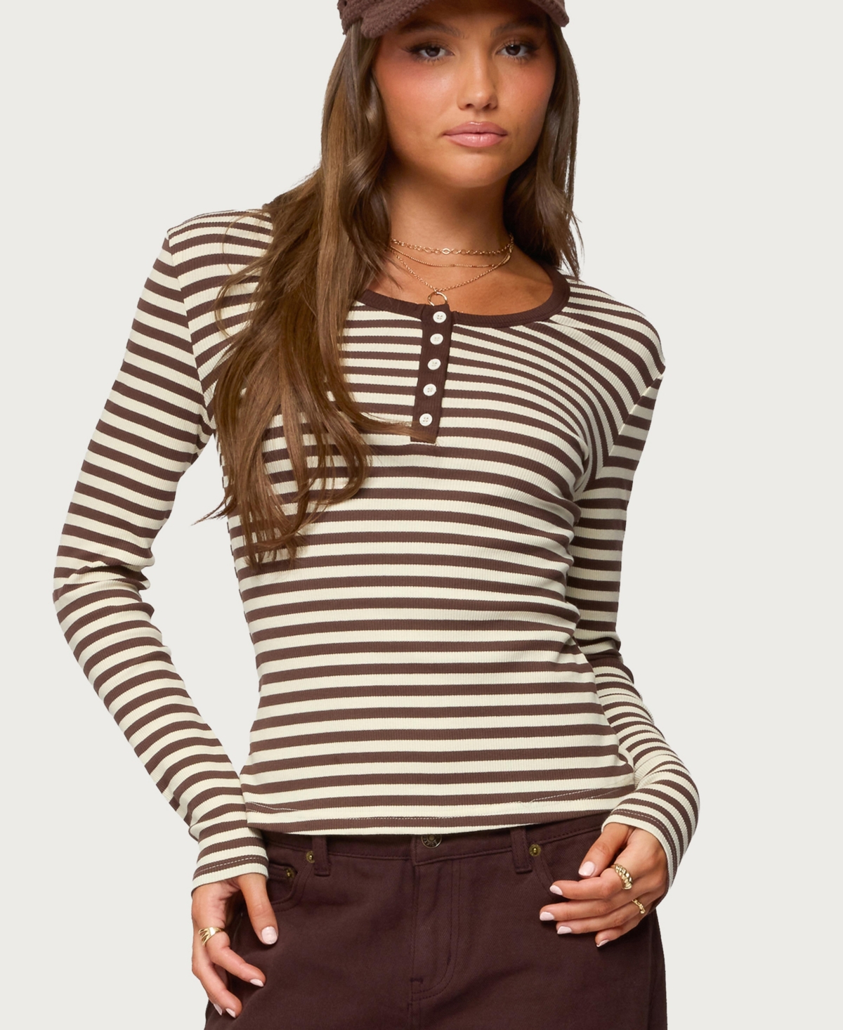 Click here for Edikted Womens Roma Striped Henley Top - Brown prices
