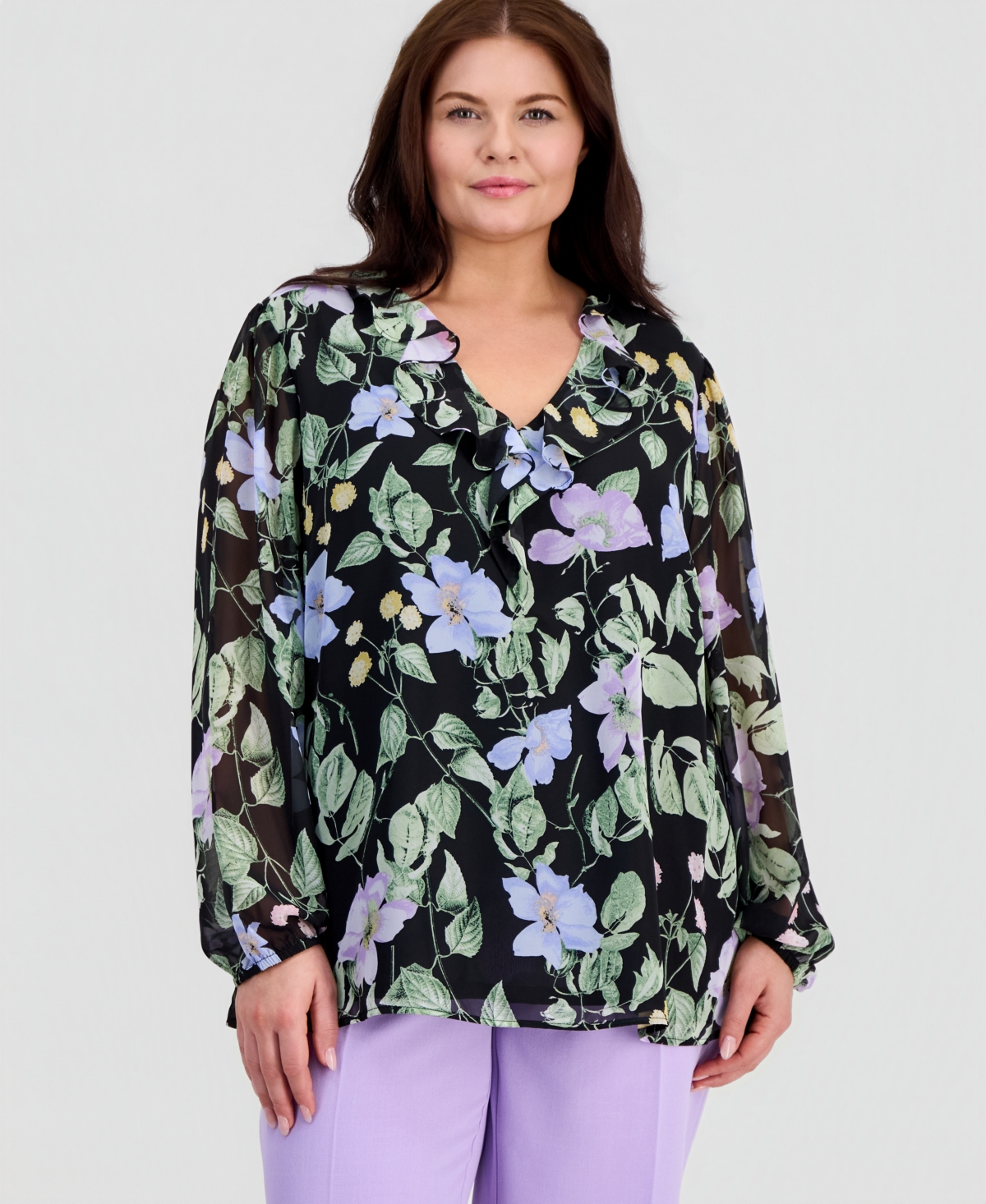 Click here for Kasper Plus Size Ruffled V-Neck Chiffon Blouse - B... prices