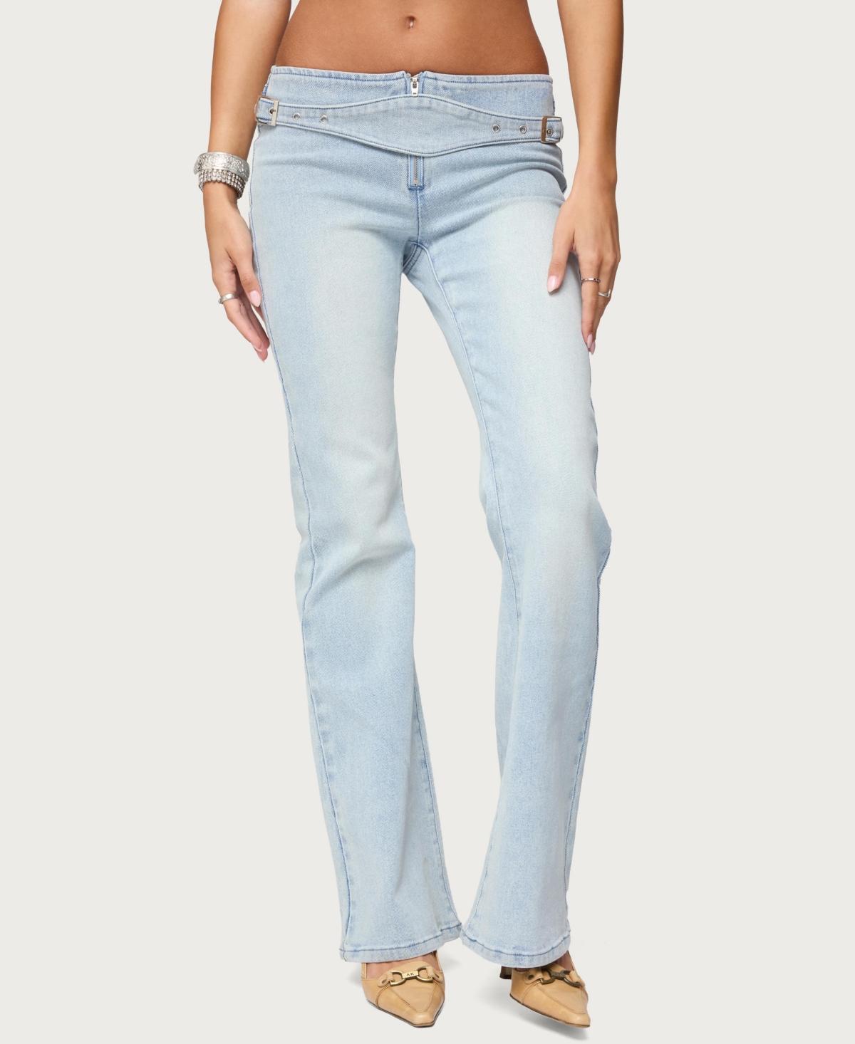 Click here for Edikted Womens Kenza Belted Low Rise Flared Jeans... prices