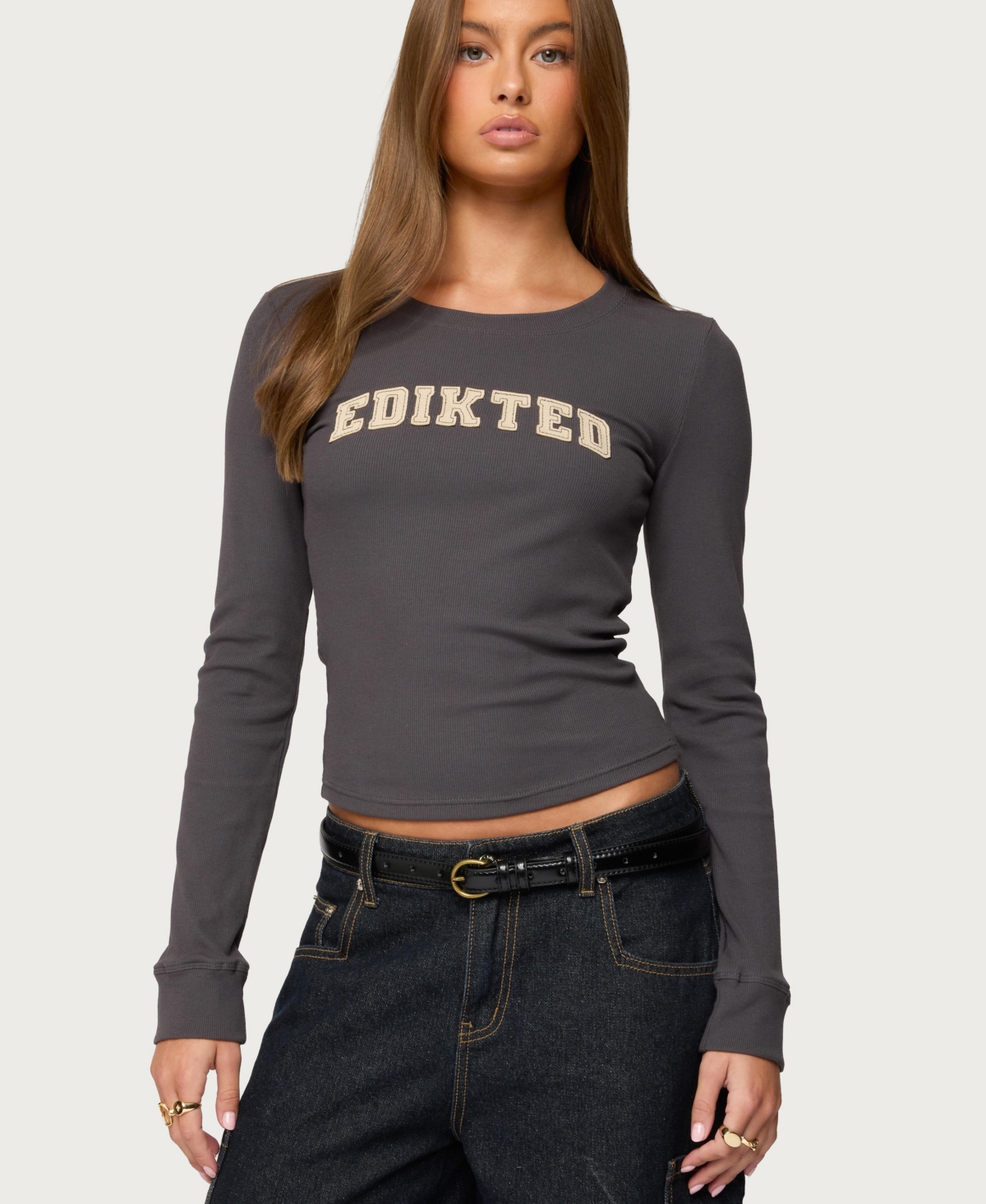 Click here for Edikted Womens Essential Ribbed T Shirt - Dark-gra... prices