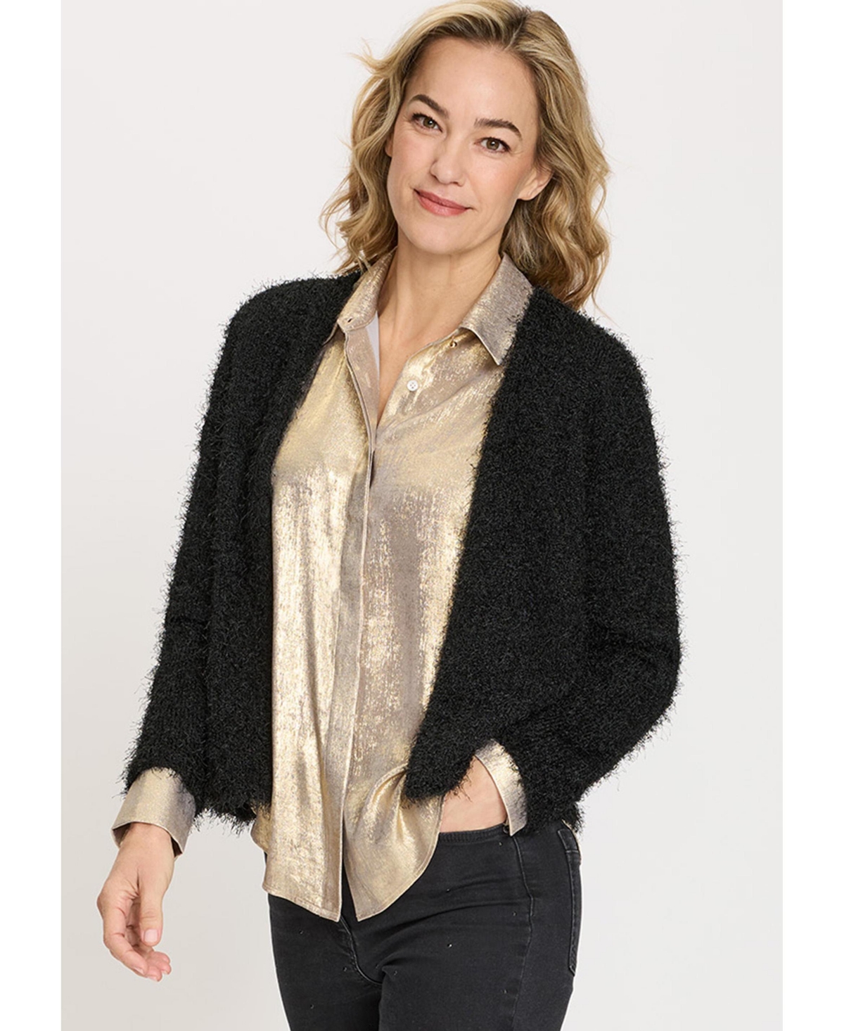 Click here for Olsen Womens Cropped Feather Yarn Cardigan - Black prices